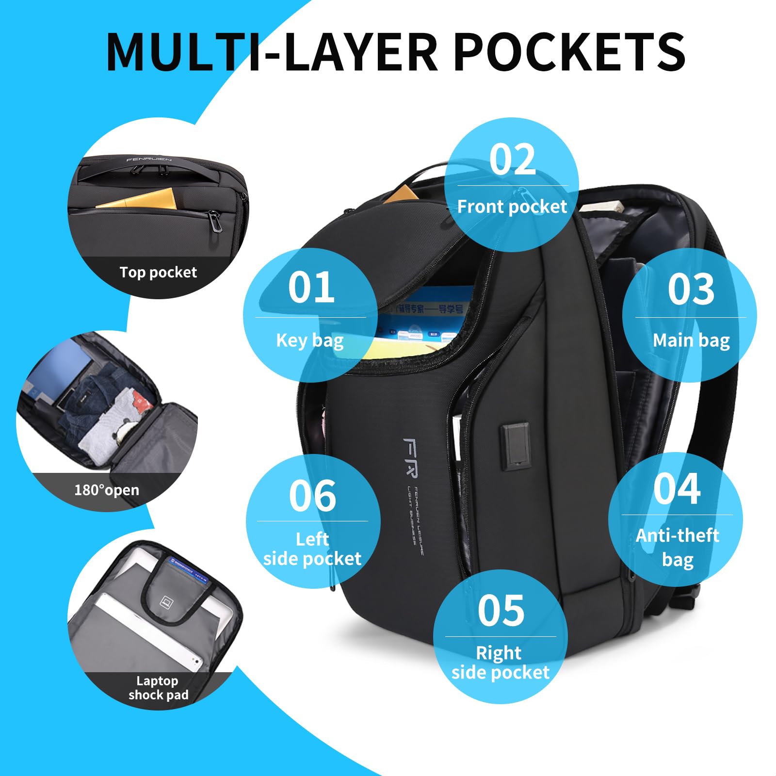 FENRUIEN Laptop Backpack for Men, 15.6 Inch Computer Anti-theft Waterproof Backpack with USB Charging Port and YKK Double Zippers, Business Mens Backpacks for Work Office School Travel