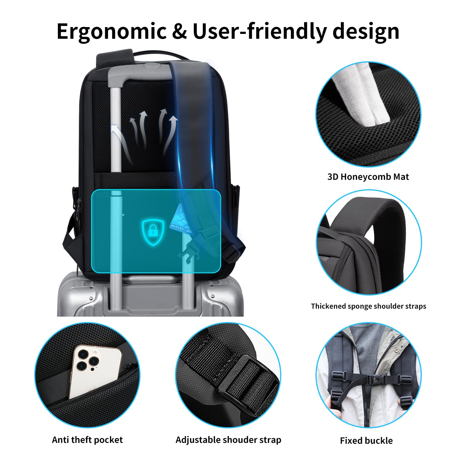 FENRUIEN Laptop Backpack for Men, 15.6 Inch Computer Anti-theft Waterproof Backpack with USB Charging Port and YKK Double Zippers, Business Mens Backpacks for Work Office School Travel