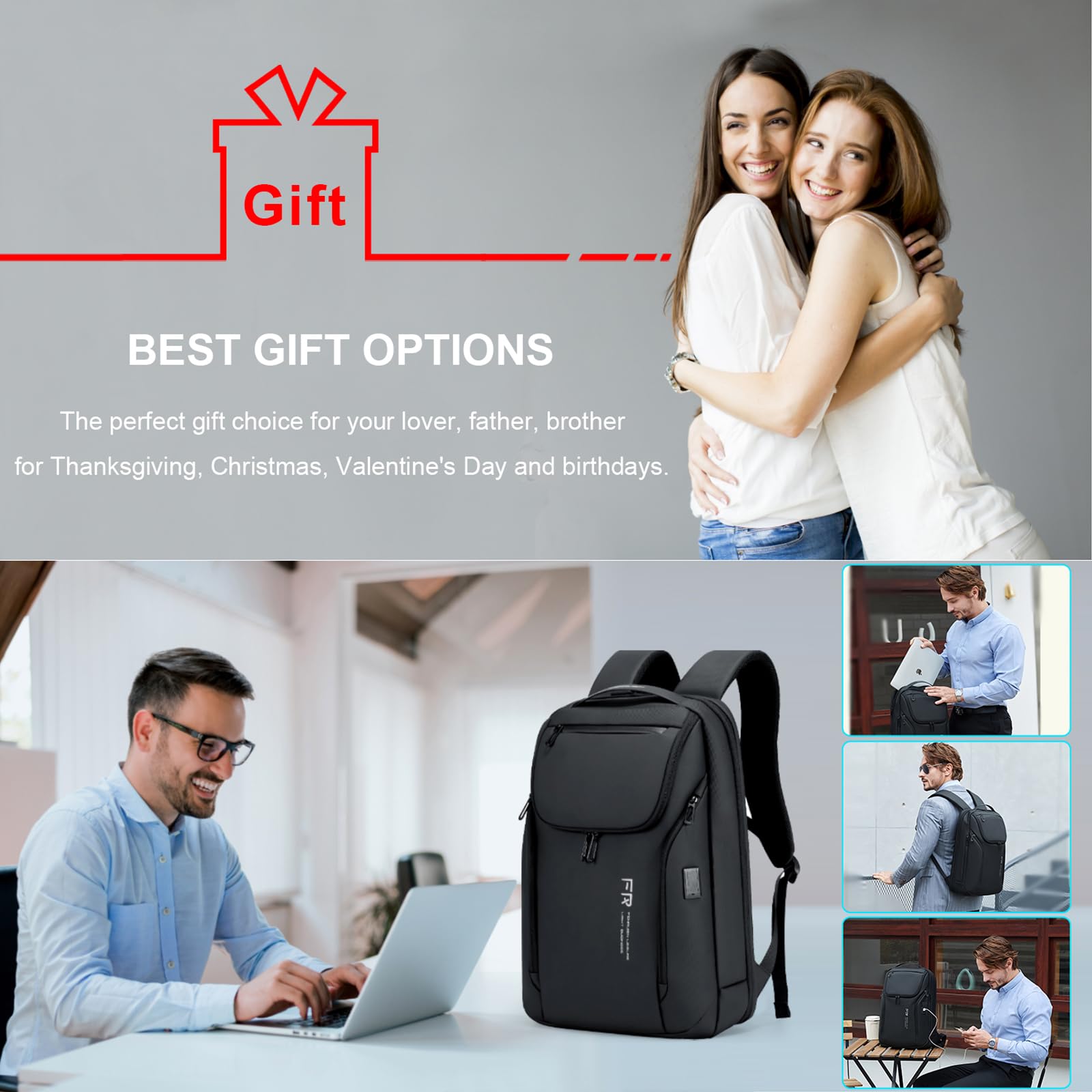 FENRUIEN Laptop Backpack for Men, 15.6 Inch Computer Anti-theft Waterproof Backpack with USB Charging Port and YKK Double Zippers, Business Mens Backpacks for Work Office School Travel