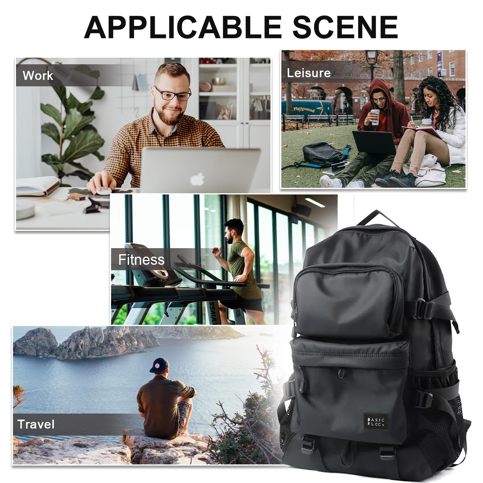 Simple Mens Backpacks for Working with Laptop Compartment,Camping Rucksack School Backpack Bookbag for Men College Students,Lightweight Durable Hiking Travel Computer Bag Fits 15.6 Inch Notebook,Black