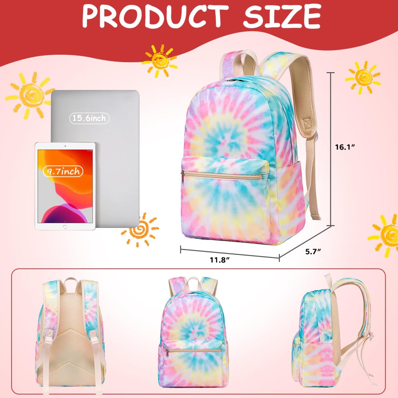 CAMTOP Backpack for Girls Kids School Backpack with Lunch Box Preschool Kindergarten BookBag Set (Tie Dye Yellow)