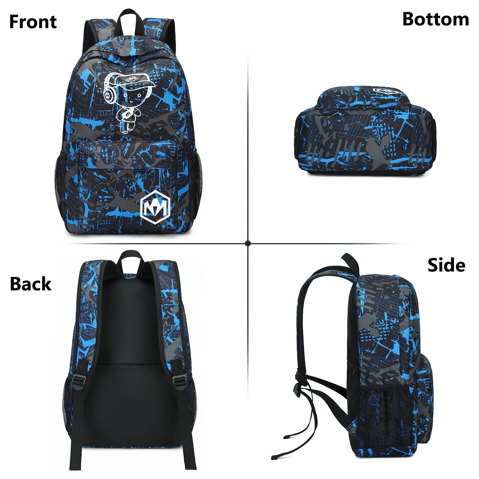 Bluboon School Backpack for Boys Teens Bookbag Travel Daypack Kids Girls Lunch Bag Pencil Case (Blue-3pcs)