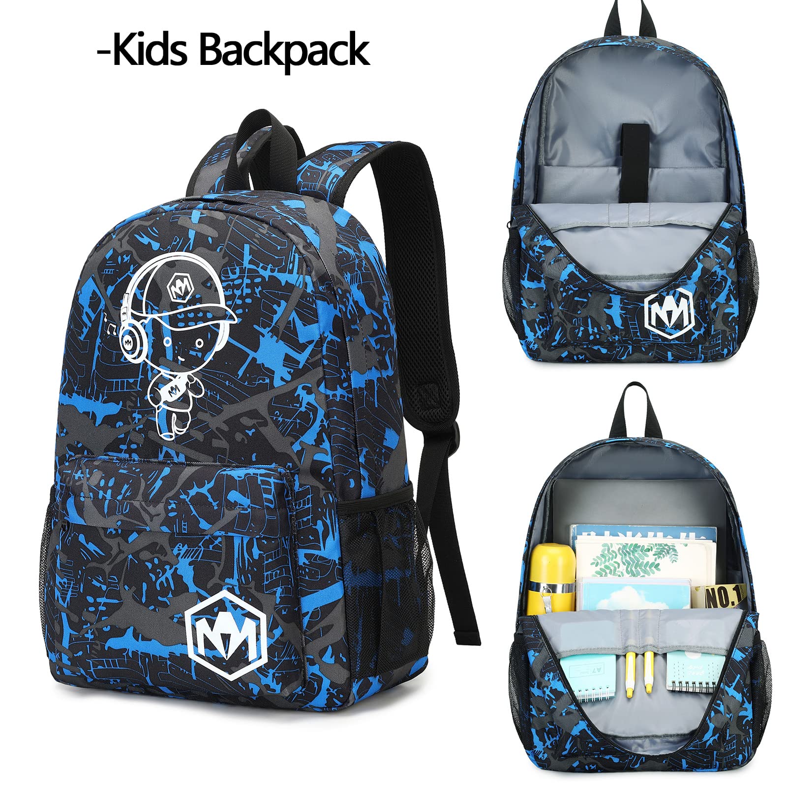 Bluboon School Backpack for Boys Teens Bookbag Travel Daypack Kids Girls Lunch Bag Pencil Case (Blue-3pcs)