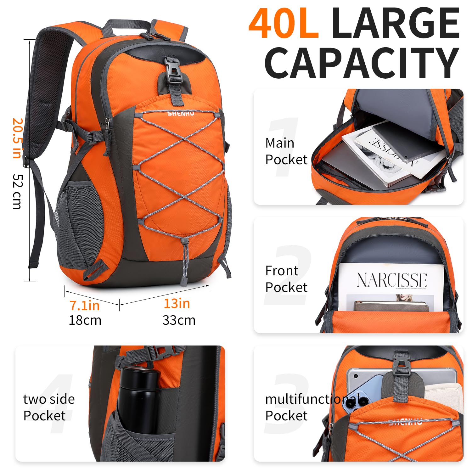 SHENHU Hiking Backpack 40L Waterproof Daypack Outdoor Sport Trekking,Camping Backpack for Men Women Orane