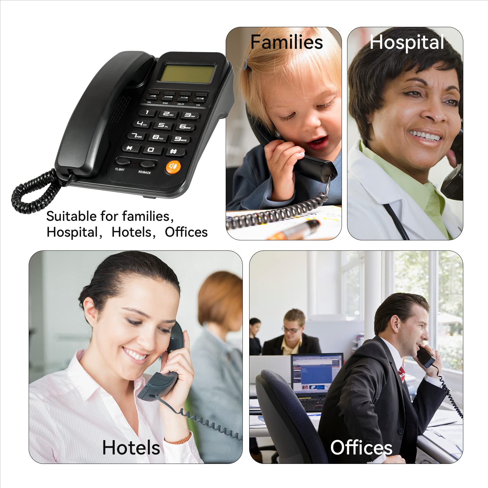 Corded Telephone Landline Telephone, Wired Telephone Big Button Phones with Caller Identification, Suitable for Office, Front Desk, Home, Hotel, No AC Power Required(Black)