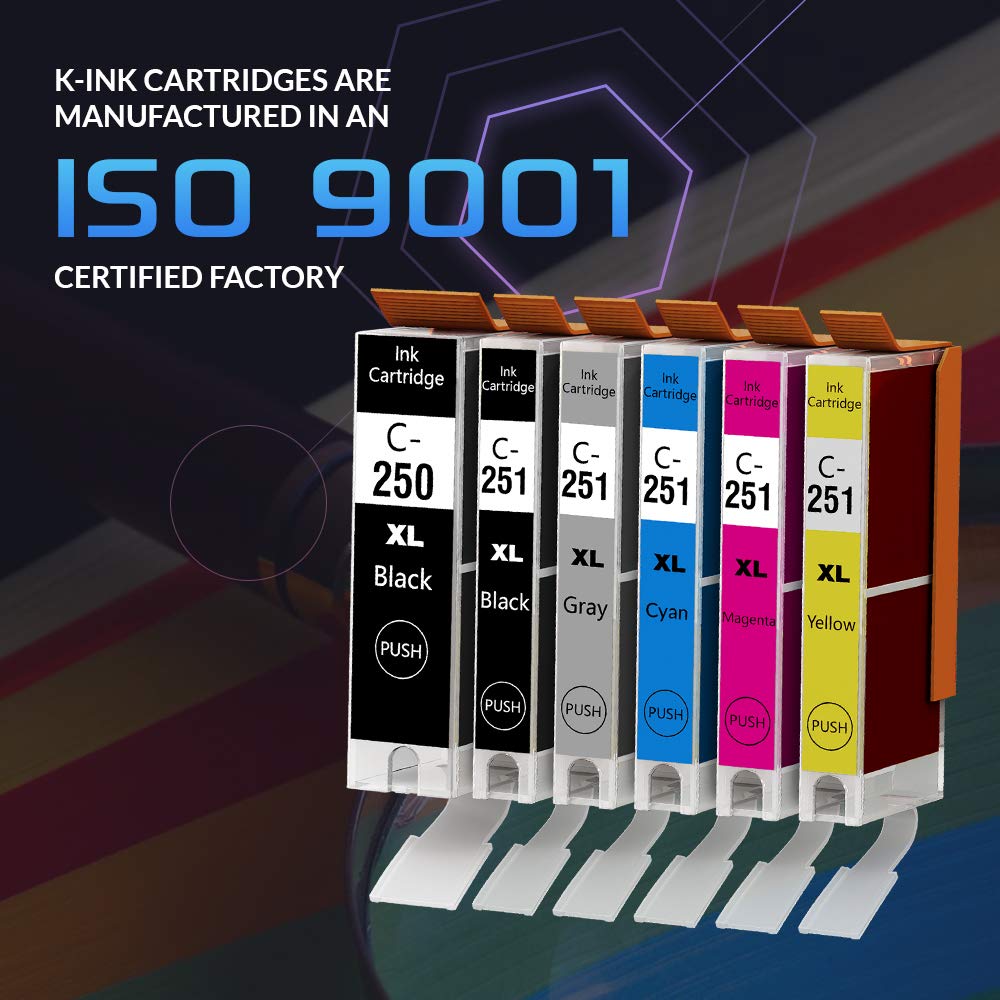 K-Ink Compatible Printer Ink Cartridge Replacement for Canon PGI-250 CLI-251 PGI 250 CLI 251 XL (12 Pack - 2 Large Black, 2 Small Black, 2 Cyan, 2 Yellow, 2 Magenta, 2 Gray)
