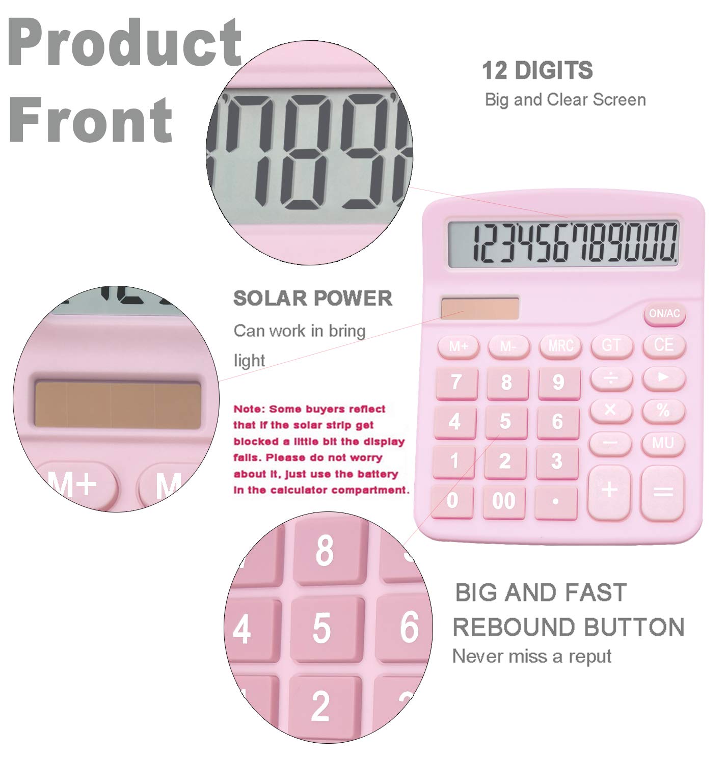 Calculators, BESTWYA 12-Digit Dual Power Handheld Desktop Calculator with Large LCD Display Big Sensitive Button (Pink, Pack of 1)