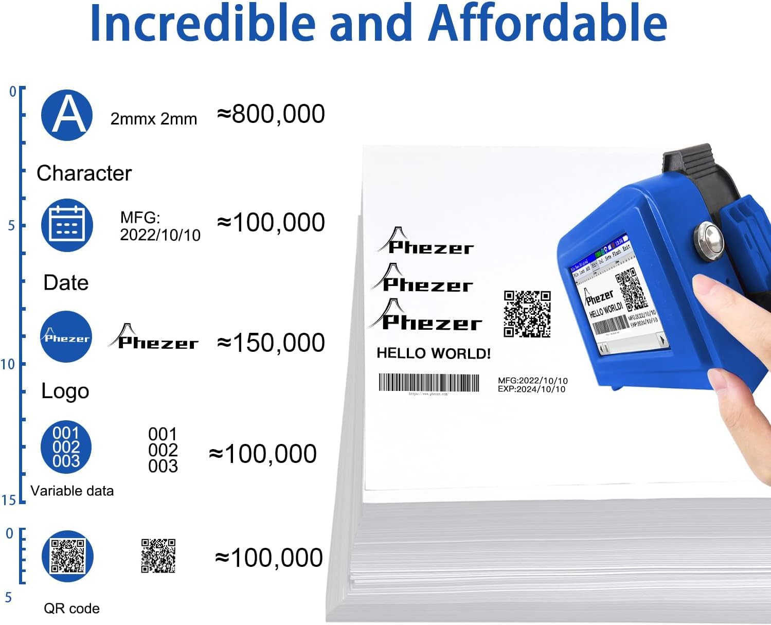 Phezer Mini Handheld Inkjet Printer PC11 for All Materials, with Touch Screen and Quick-Drying Ink Cartridge, Portable Pocket Marking Device for Label/Date/Barcode/Logo/Qrcode/Batch Number/Image