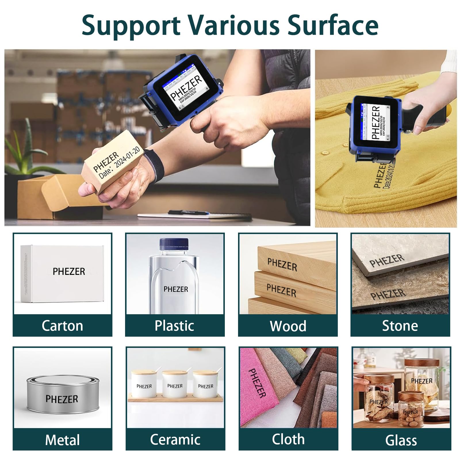 Phezer Mini Handheld Inkjet Printer PC11 for All Materials, with Touch Screen and Quick-Drying Ink Cartridge, Portable Pocket Marking Device for Label/Date/Barcode/Logo/Qrcode/Batch Number/Image