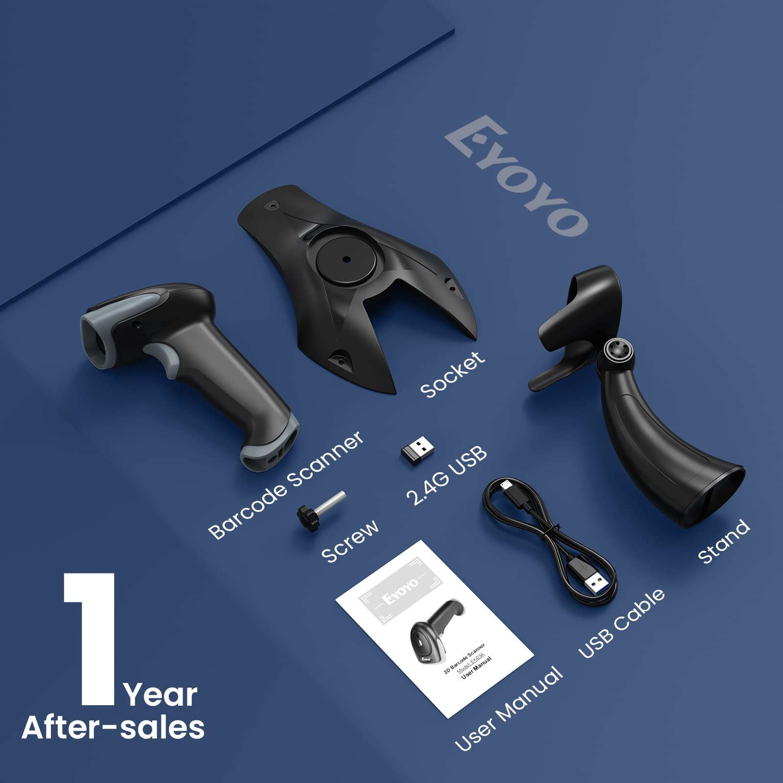 Eyoyo Wireless Barcode Scanner, 3-in-1 Bluetooth Barcode Scanner for Inventory, Cordless Vibration 1D 2D Qr Code Scanner, Handheld Wireless Barcode Reader for Windows iOS and Computers
