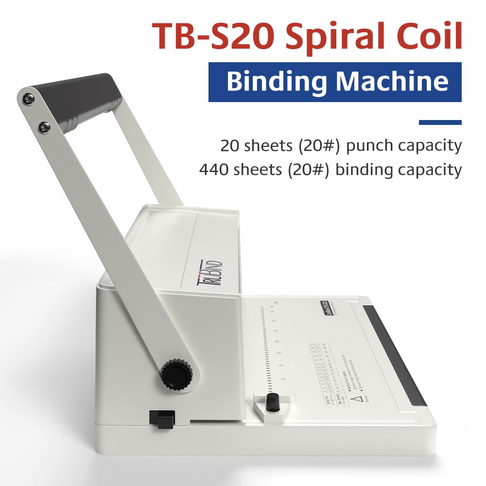 TruBind Coil Binding Machine - Manual Round Hole Punch - Adjustable Side Margin - 4 to 1 Pitch - 20 Sheet Punch Capacity