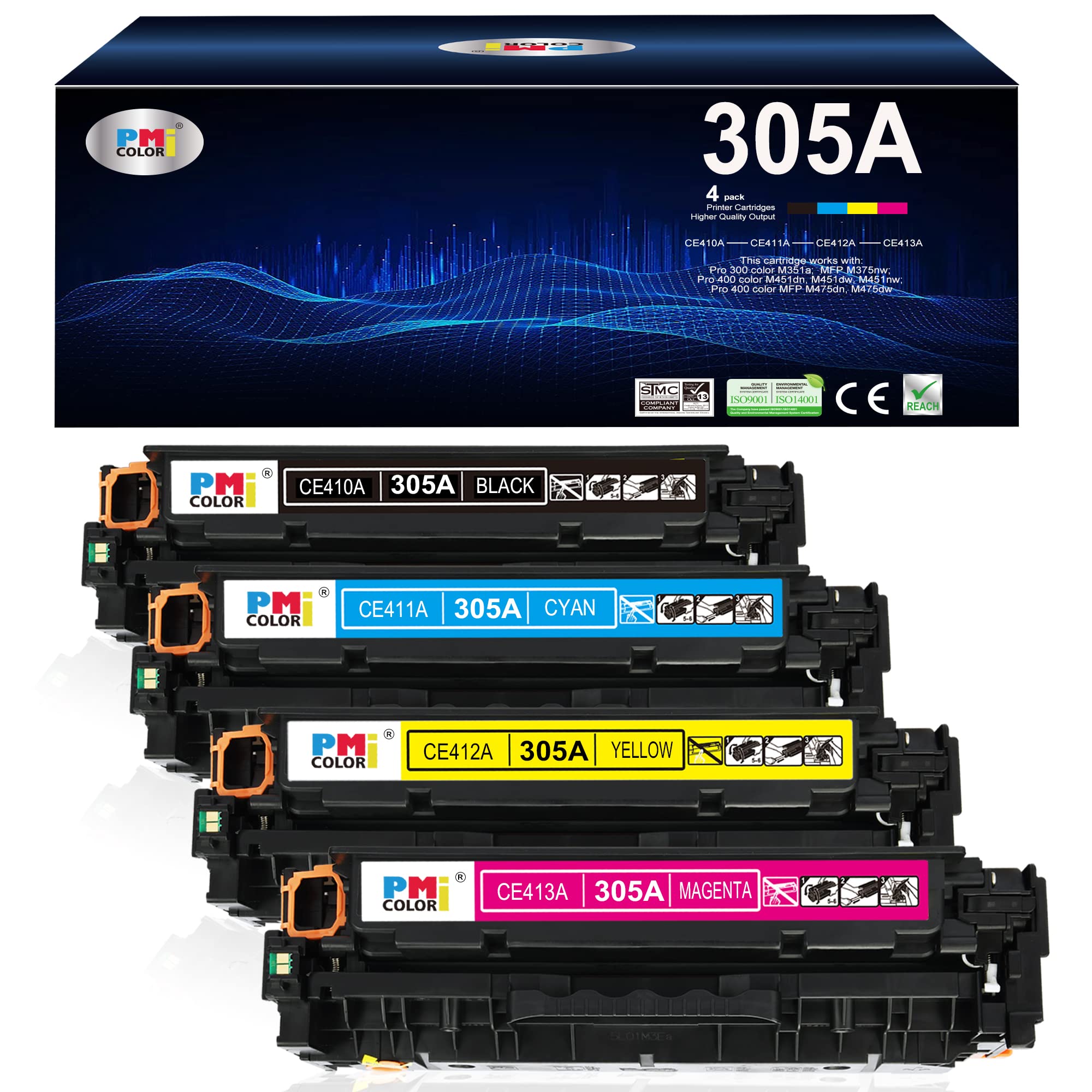 4-Pack Compatible HP 305A Black,Cyan, Magenta, Yellow Toner Cartridges Works with HP Pro 400 Color M451dw M451nw M451dn MFP M475dw M475dn Pro 300 M375nw Printers