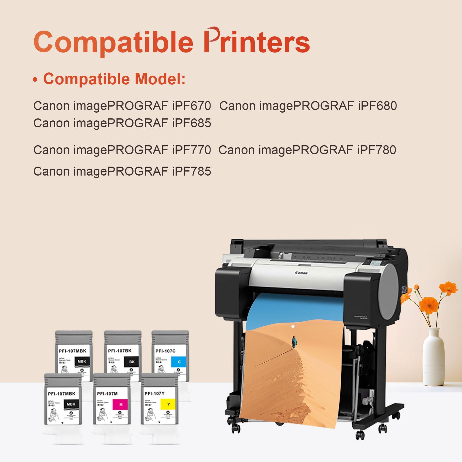 INK+ YOUEXPERT PFI-107 6Pcs Cartridges Replacement for Canon PFI-107, Work with ImagePROGRAF IPF670 IPF680 IPF685 IPF770 IPF780 IPF785 ( 2MBK,1BK,1C,1M,1Y)