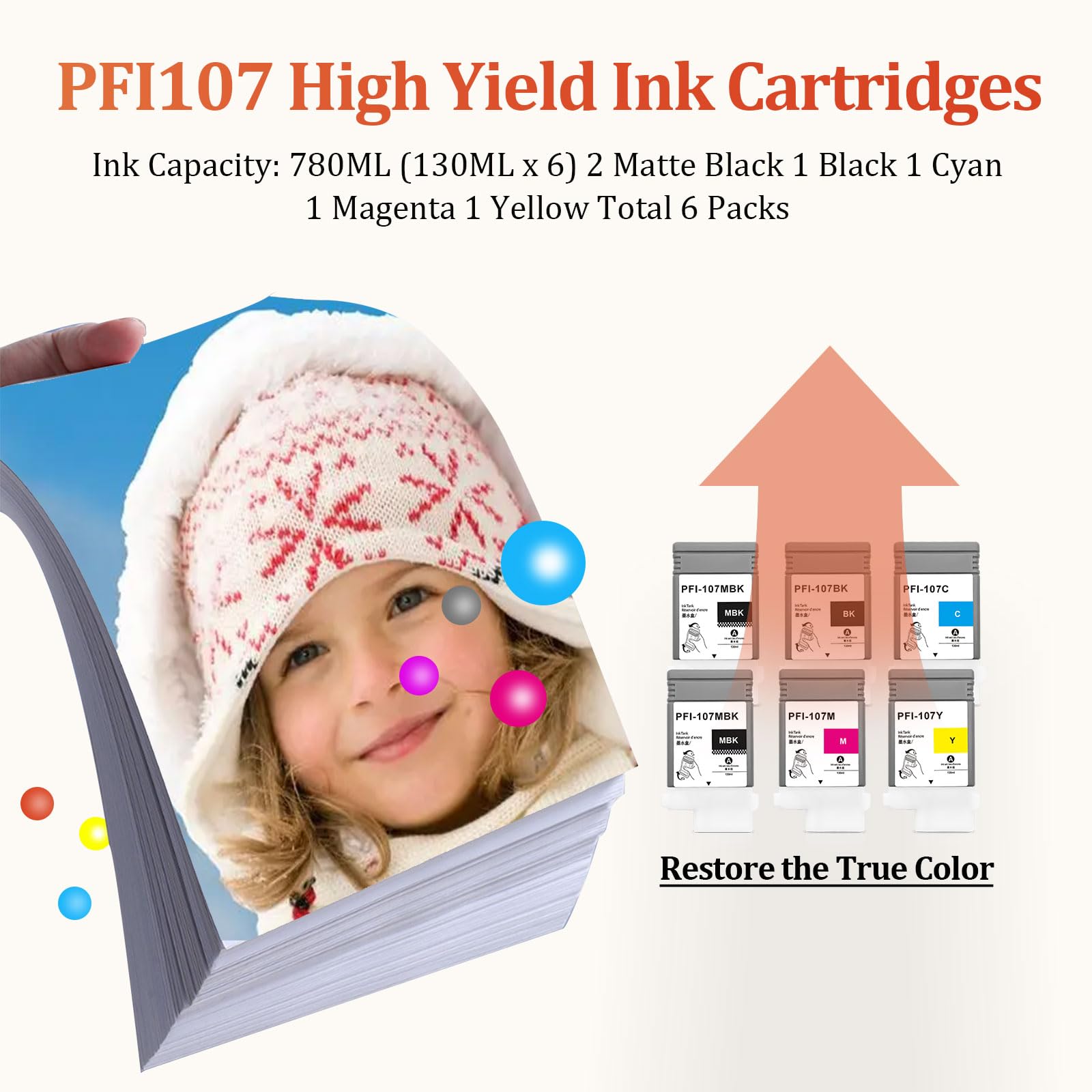 INK+ YOUEXPERT PFI-107 6Pcs Cartridges Replacement for Canon PFI-107, Work with ImagePROGRAF IPF670 IPF680 IPF685 IPF770 IPF780 IPF785 ( 2MBK,1BK,1C,1M,1Y)