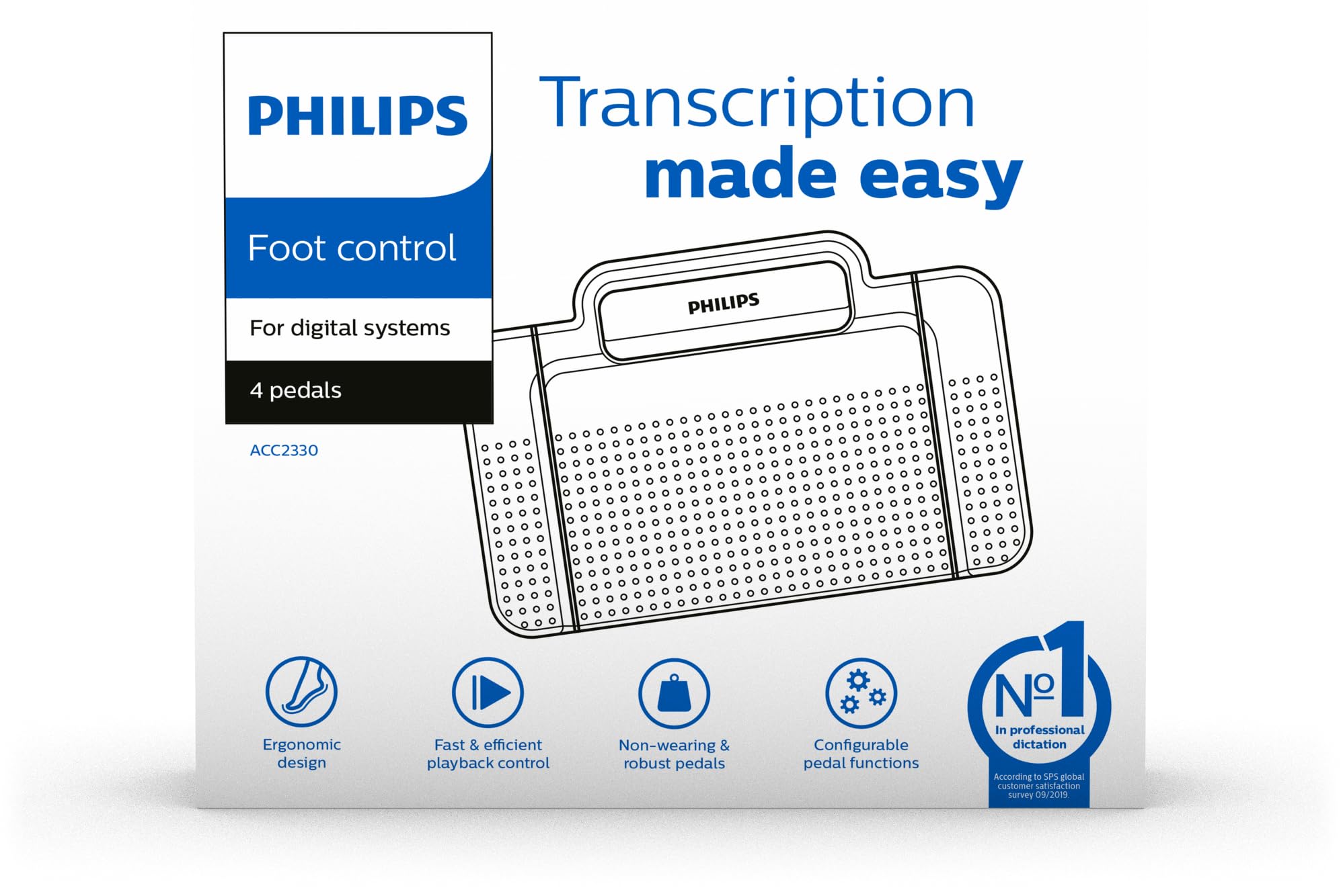 Philips ACC2330 4-Pedal Foot Control for Digital Systems for Professional Dictation with Toe Touch Control