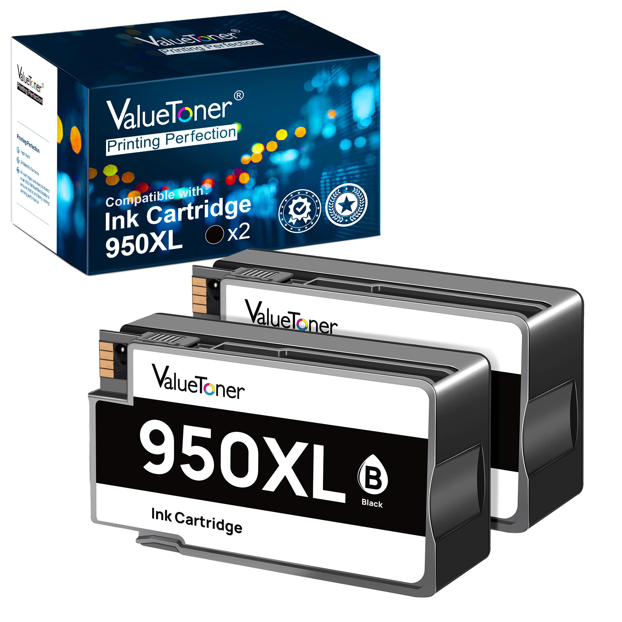 Valuetoner Compatible Ink Cartridge Replacement for HP 950 950 XL High Yield for Officejet Pro 8600 8620 8100 8615 8630 8610 8660 Printer ( 2 Black, 2-Pack )