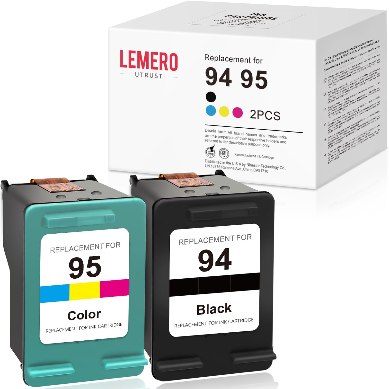 LEMERO UTRUST Remanufactured Ink Cartridge Replacement for HP 94 95 use with HP OfficeJet 100 H470 7310 7410 150 7210 Photosmart 8150 8450 2710 DeskJet 460 6540 9800 Printer (Black Tri-Color, 2-Pack)
