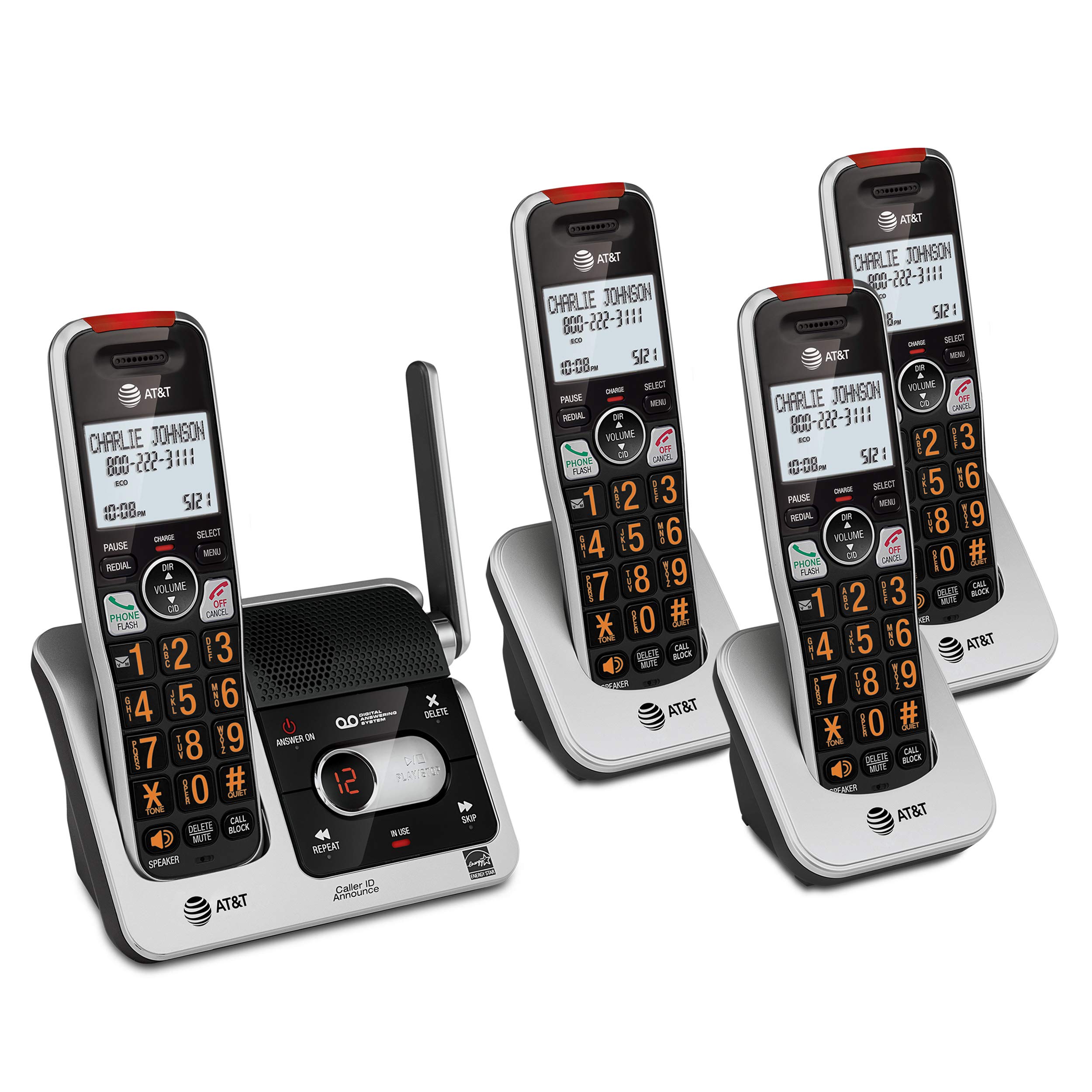 AT&T BL102-4 DECT 6.0 4-Handset Cordless Phone for Home with Answering Machine, Call Blocking, Caller ID Announcer, Audio Assist, Intercom, and Unsurpassed Range, Silver/Black
