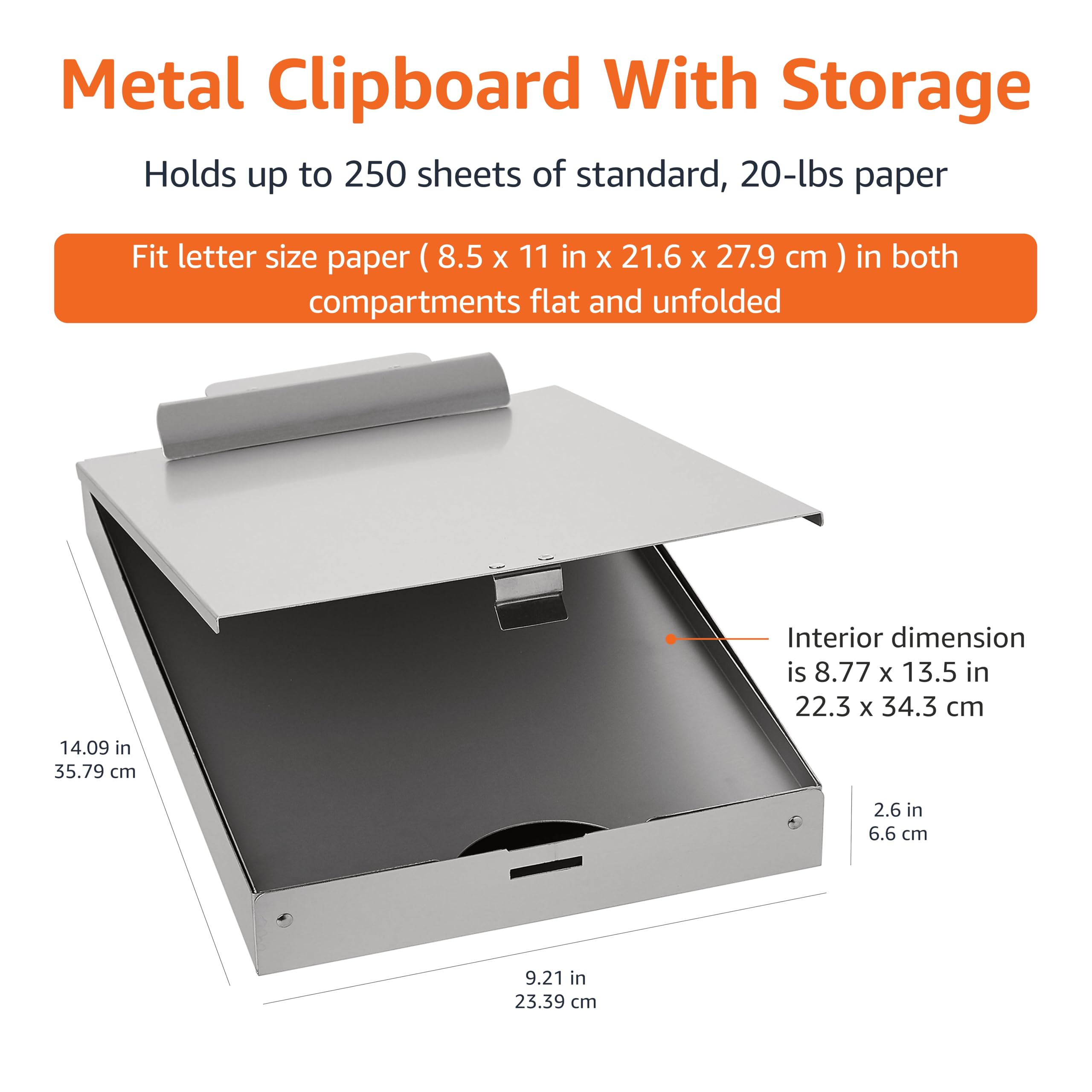 Amazon Basics Metal Clipboard with 2 Compartments and Interior 250 Sheet Paper Storage, 14.09 x 9.21 x 2.6 Inches