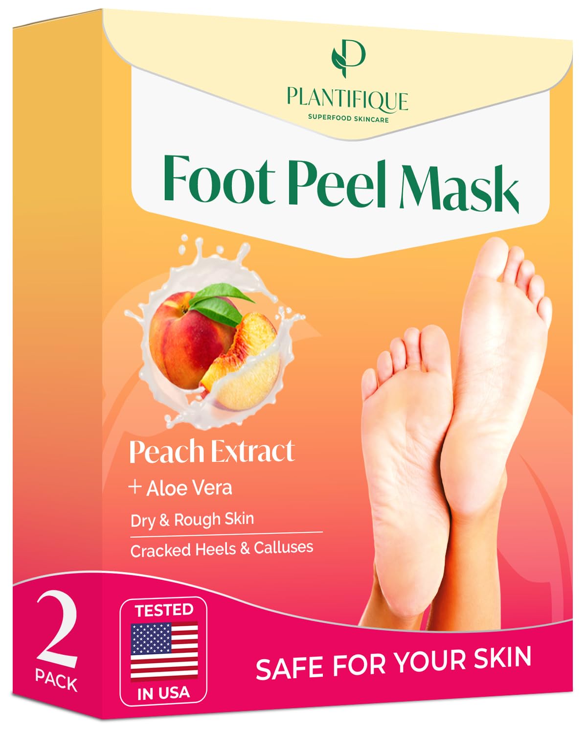Foot Peel Mask with Peach by Plantifique - 2 Pack Peeling Foot Mask Dermatologically Tested - Repairs Heels & Removes Dry Dead Skin for Baby Soft Feet - Exfoliating Foot Peel Mask for Dry Cracked Feet