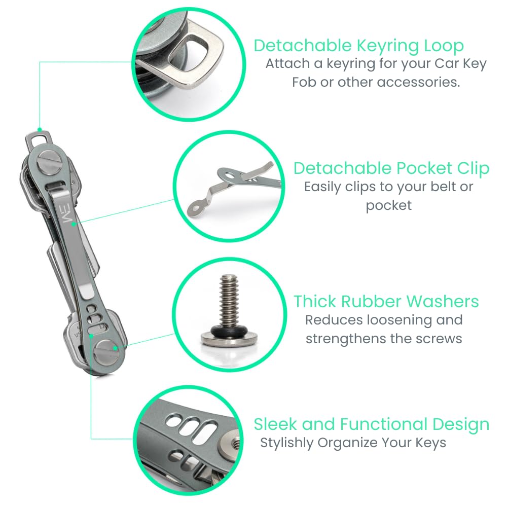 Compact Key Holder for Keychain for Up To 14 Keys - Aircraft Grade Aluminum Key Organizer Keychain, Minimalist Style Key Chain Pocket Clip Design Grey