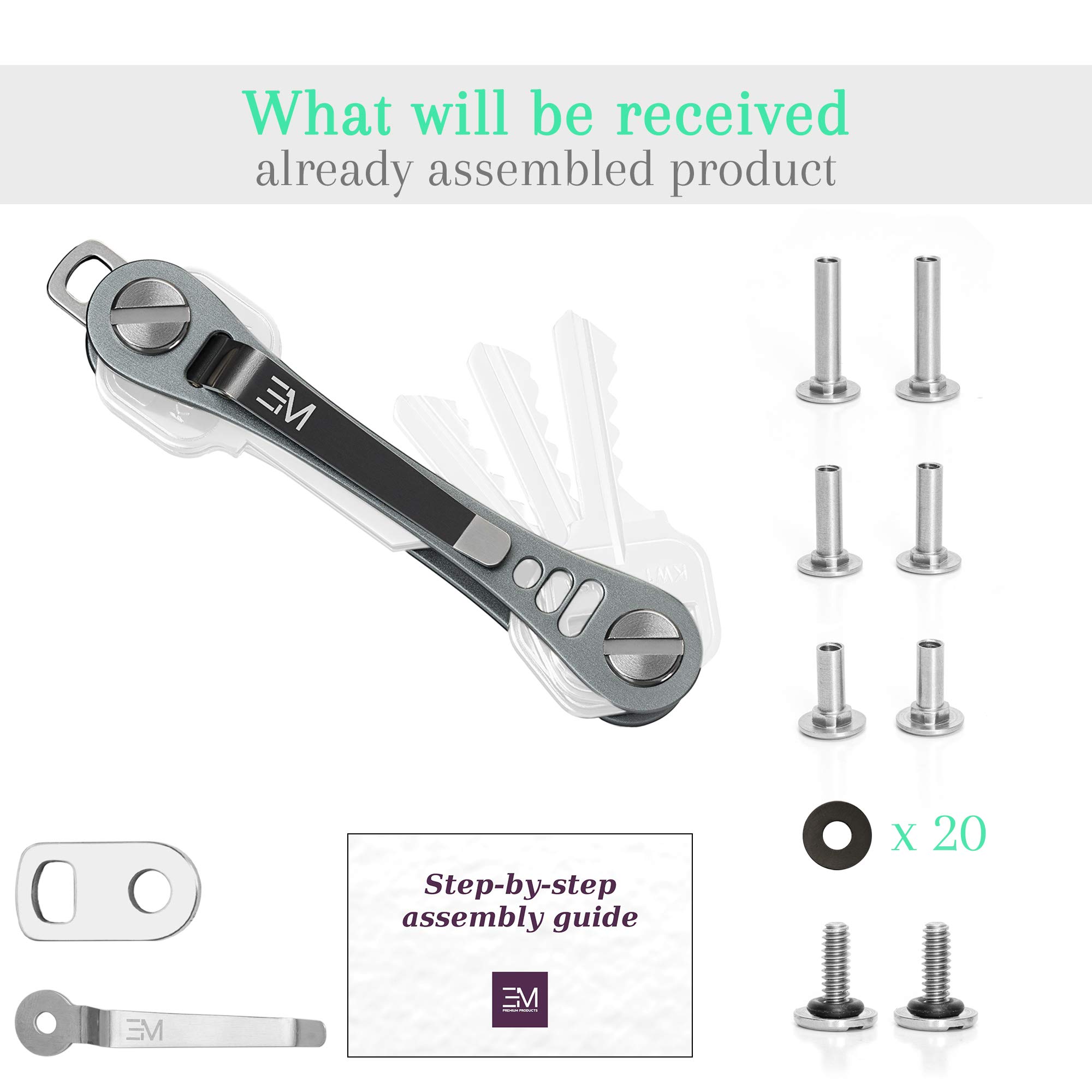 Compact Key Holder for Keychain for Up To 14 Keys - Aircraft Grade Aluminum Key Organizer Keychain, Minimalist Style Key Chain Pocket Clip Design Grey