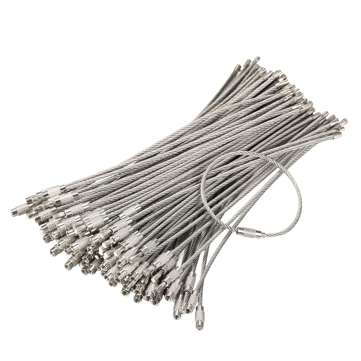 bayite Pack (100) Stainless Steel Wire Keychains Cable, Key Rings, Heavy Duty Luggage Tags Loops Tag Keepers 2mm Twist Barrel (Cable Length: 6 inches)