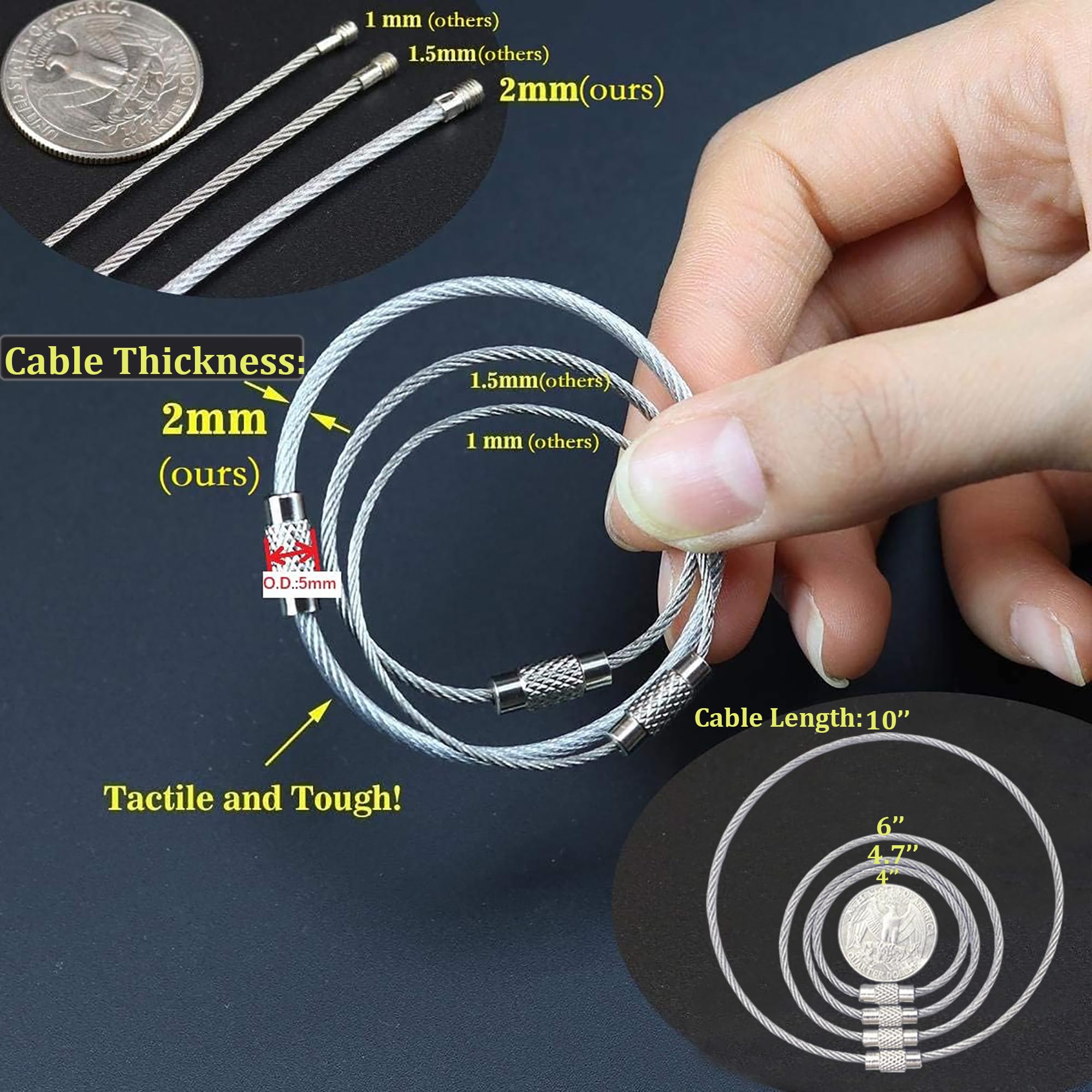 bayite Pack (100) Stainless Steel Wire Keychains Cable, Key Rings, Heavy Duty Luggage Tags Loops Tag Keepers 2mm Twist Barrel (Cable Length: 6 inches)