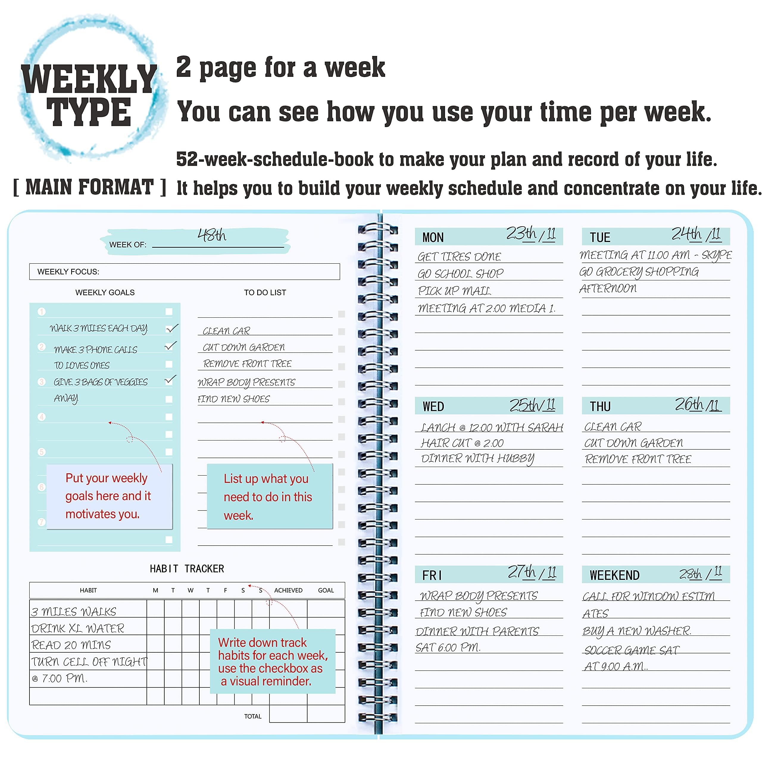 Undated Weekly Planner- Weekly Goals Notebook, A5 To Do List Planner with Spiral Binding, Weekly Goal Planner, 5.7 x 8.0 inches