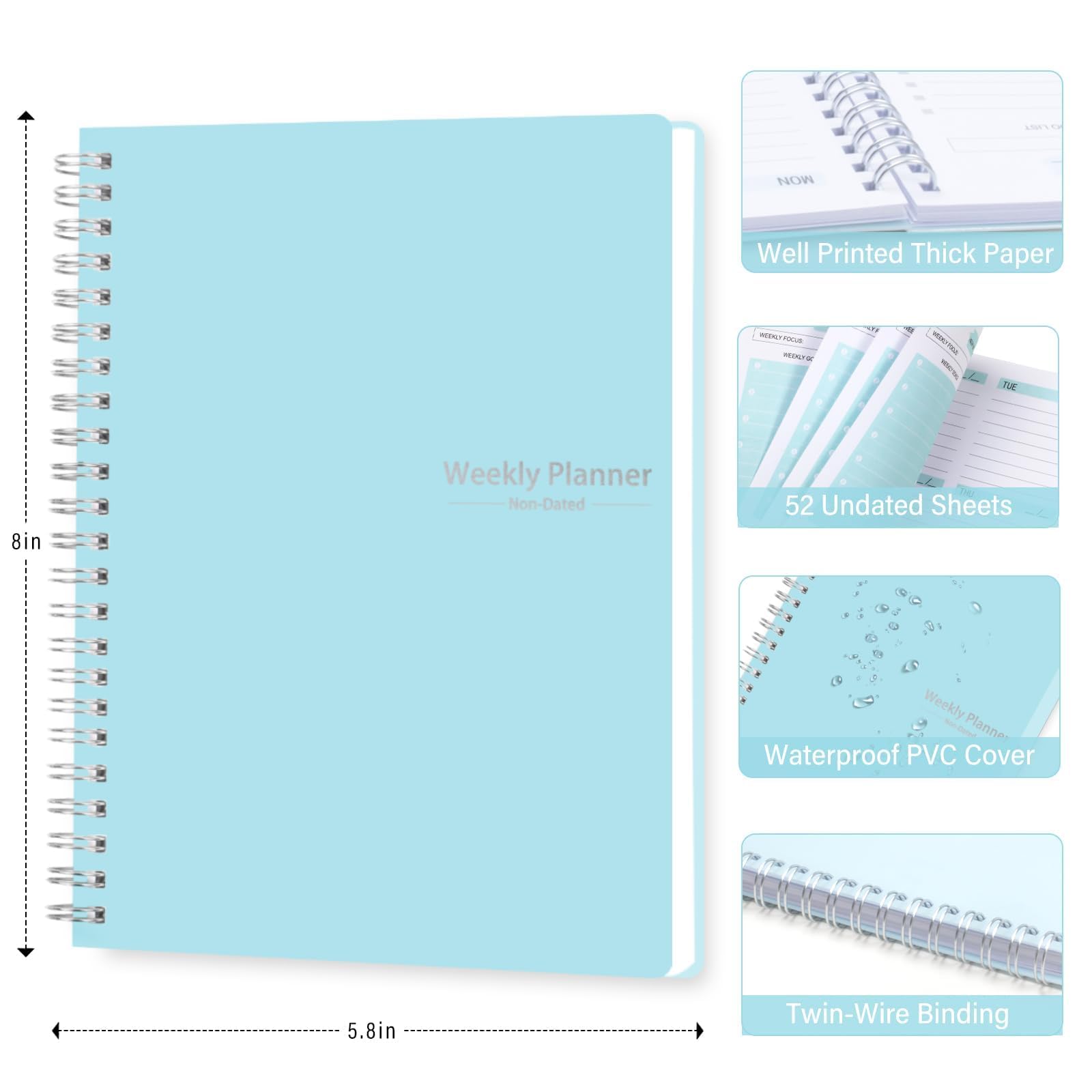 Undated Weekly Planner- Weekly Goals Notebook, A5 To Do List Planner with Spiral Binding, Weekly Goal Planner, 5.7 x 8.0 inches