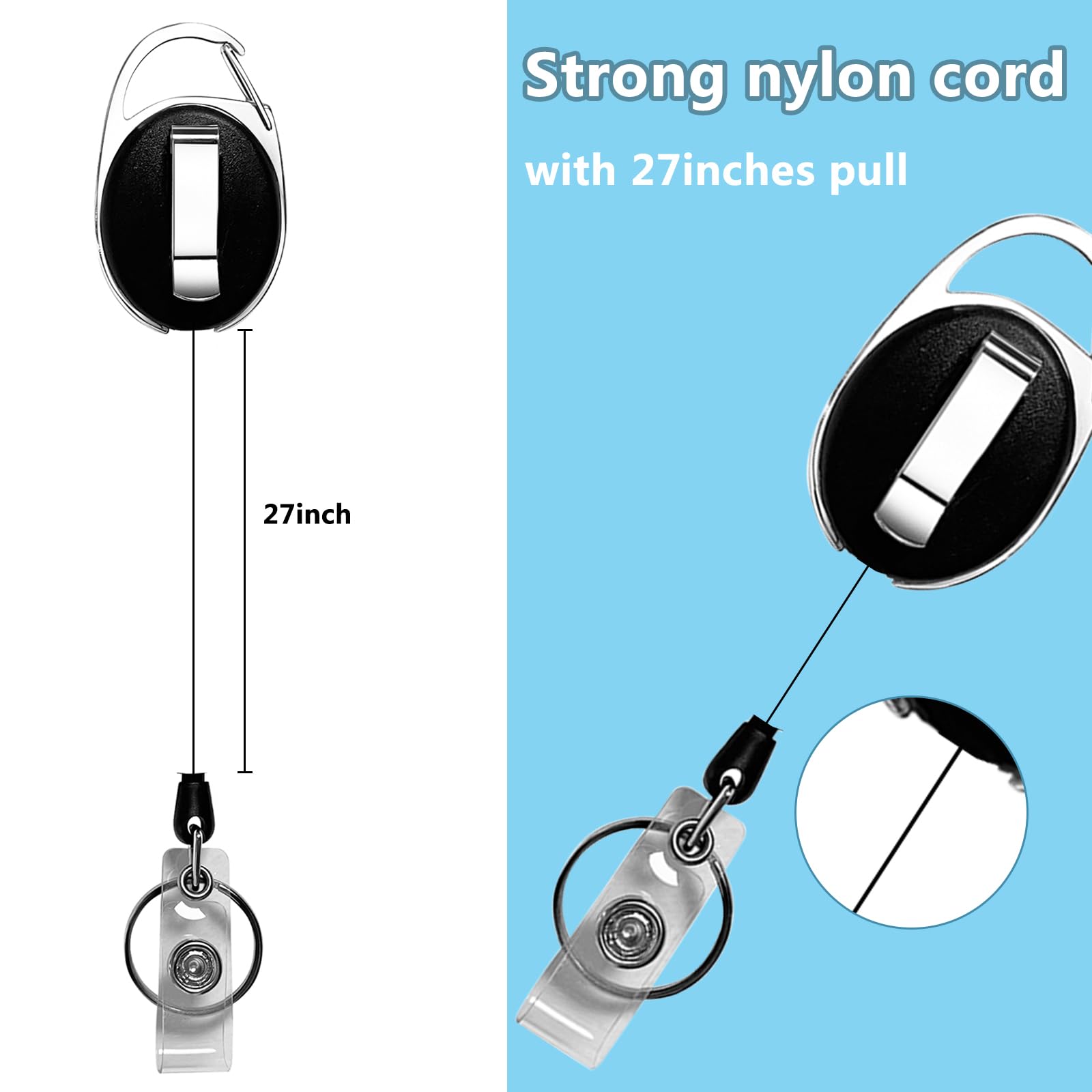 20 Pack Retractable Badge Holder with Carabiner Reel Clip, Bulk ID Card Key Holder with Ring, Heavy Duty Black Key Chain Extender for Office Work Employee
