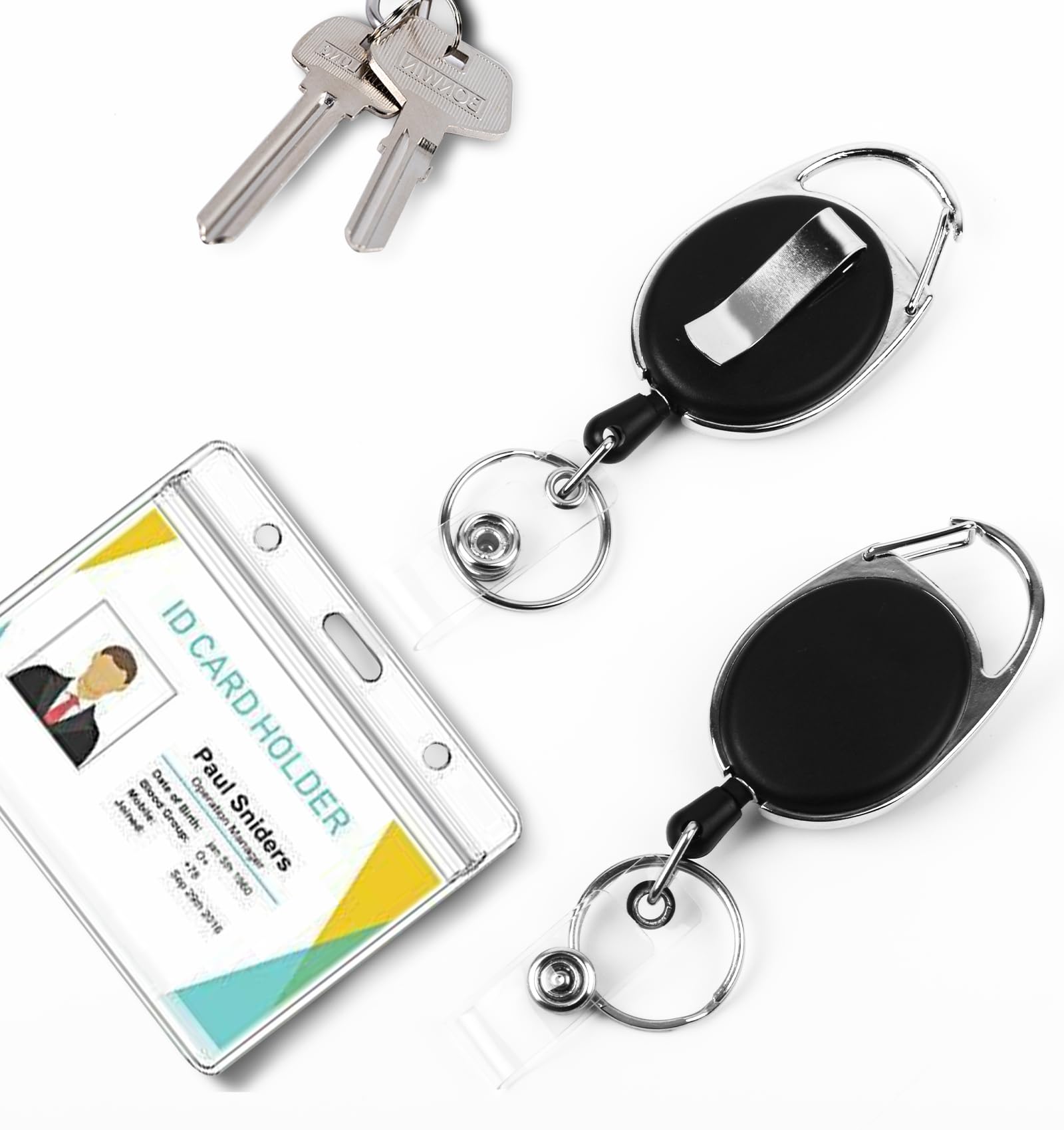 20 Pack Retractable Badge Holder with Carabiner Reel Clip, Bulk ID Card Key Holder with Ring, Heavy Duty Black Key Chain Extender for Office Work Employee