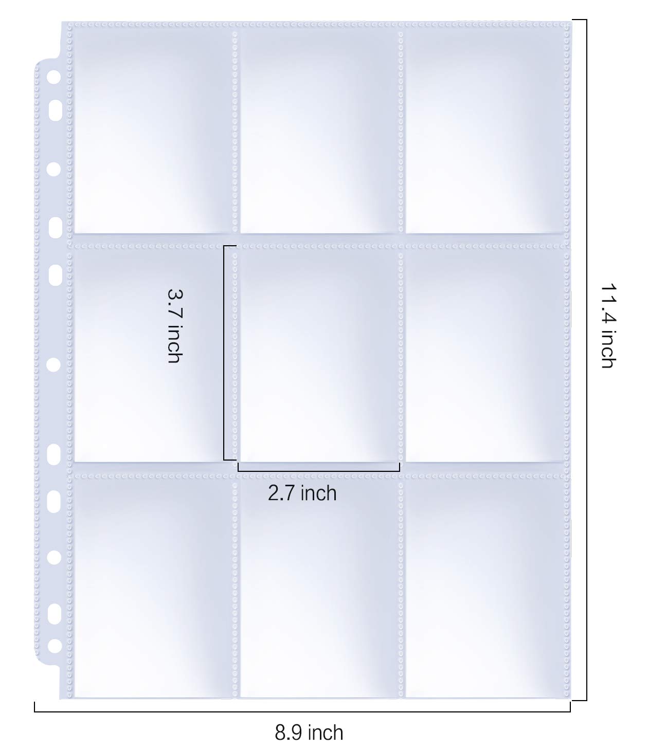 Trading Card Sleeve Pages, PANDRI 100 Pack 9 Pocket Trading Card Storage Album Pages 11 Holes Fit 3 Ring Binder