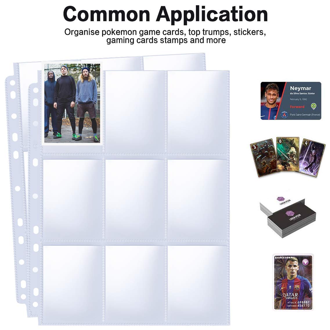 Trading Card Sleeve Pages, PANDRI 100 Pack 9 Pocket Trading Card Storage Album Pages 11 Holes Fit 3 Ring Binder