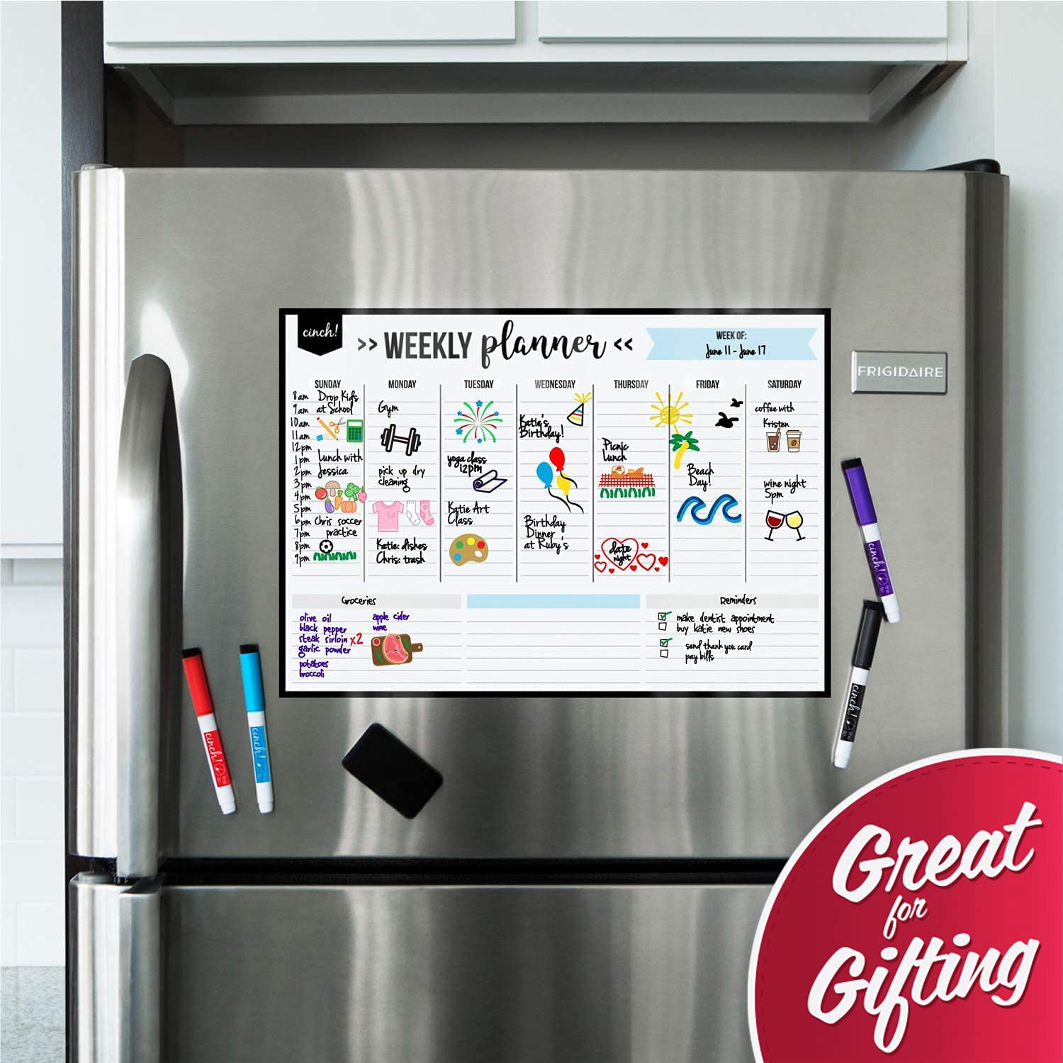 Magnetic Dry Erase Weekly Calendar for Fridge: with Stain Resistant Technology - 17x12" - 4 Fine Tip Markers and Large Eraser with Magnets - Whiteboard Organizer Planner: Refrigerator White Board