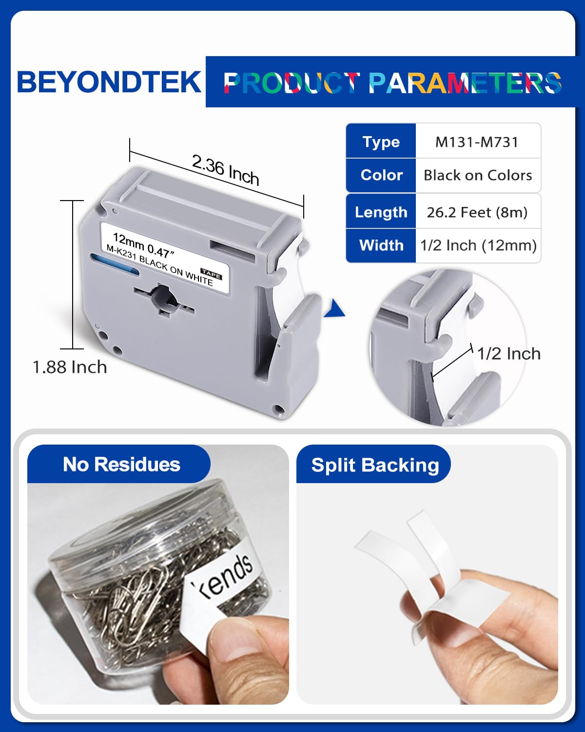 6-Pack Compatible with Brother P-Touch M-231 M Tape M-K 131 MK 231 431 531 631 731 Label Tape for Brother PT-65 PT-90 PT-M95 PT-70BM PT-45 Label Maker Tape 12mm 0.5 Inch x 26.2 Ft