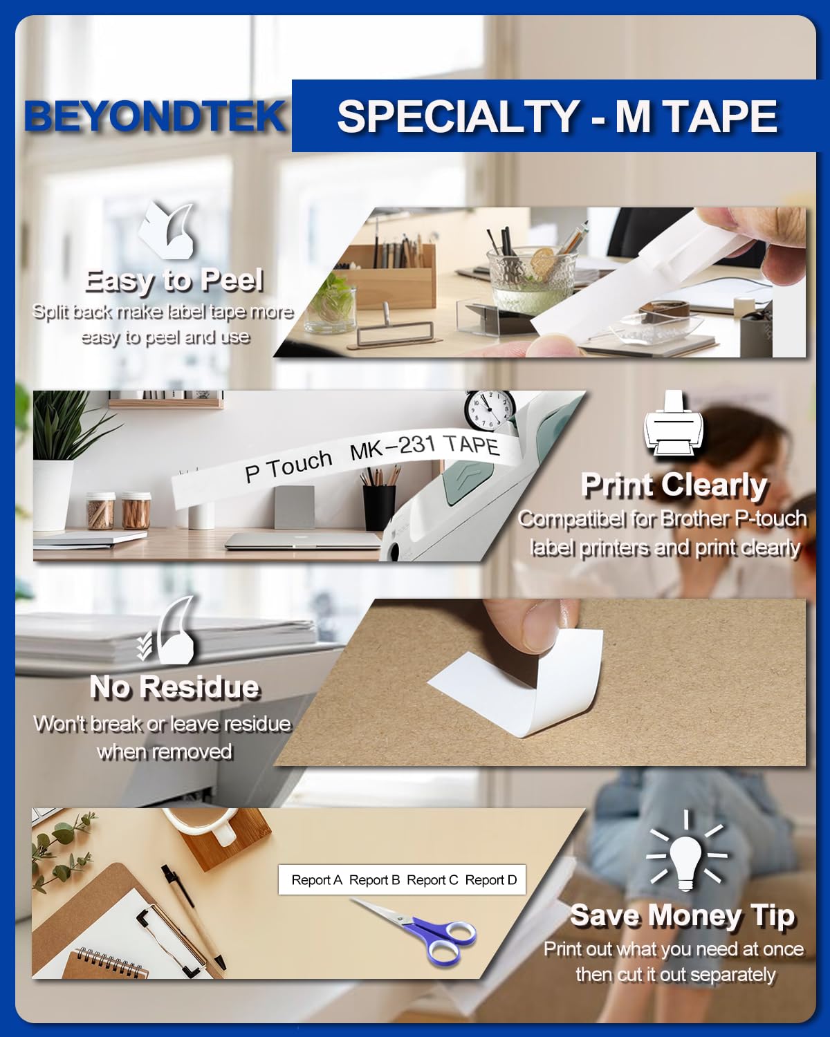 6-Pack Compatible with Brother P-Touch M-231 M Tape M-K 131 MK 231 431 531 631 731 Label Tape for Brother PT-65 PT-90 PT-M95 PT-70BM PT-45 Label Maker Tape 12mm 0.5 Inch x 26.2 Ft
