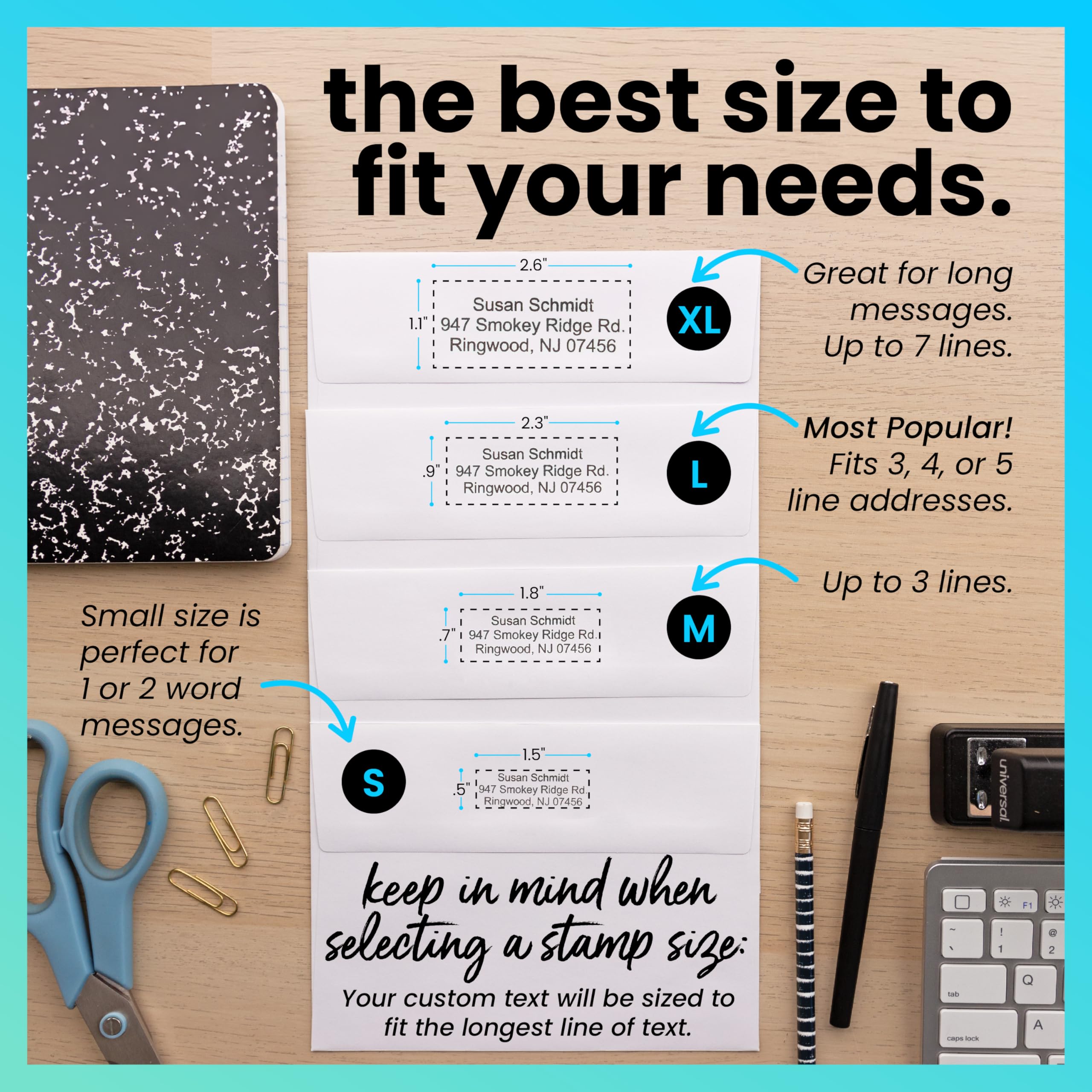 Custom Self-Inking Stamp - Up to 3 Lines - 11 Color Choices and 17 Font Choices