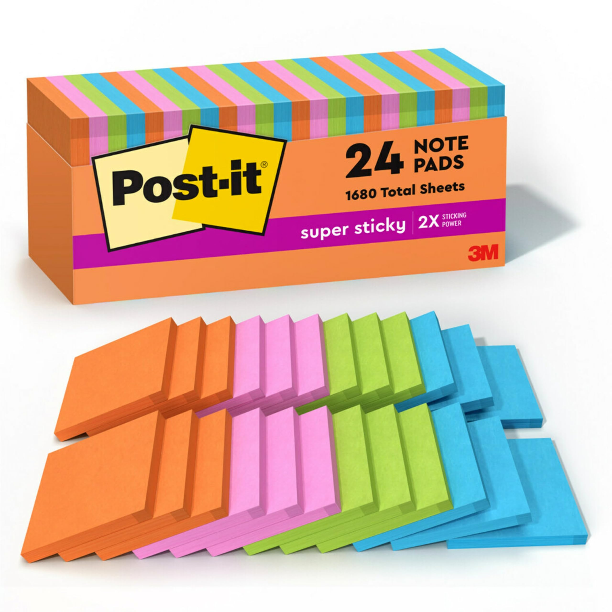 Post-it Super Sticky Notes, 3x3 in, 24 Pads, 2x the Sticking Power, Energy Boost, Bright Colors (Orange, Pink, Blue, Green),Recyclable (654-6SSAU)
