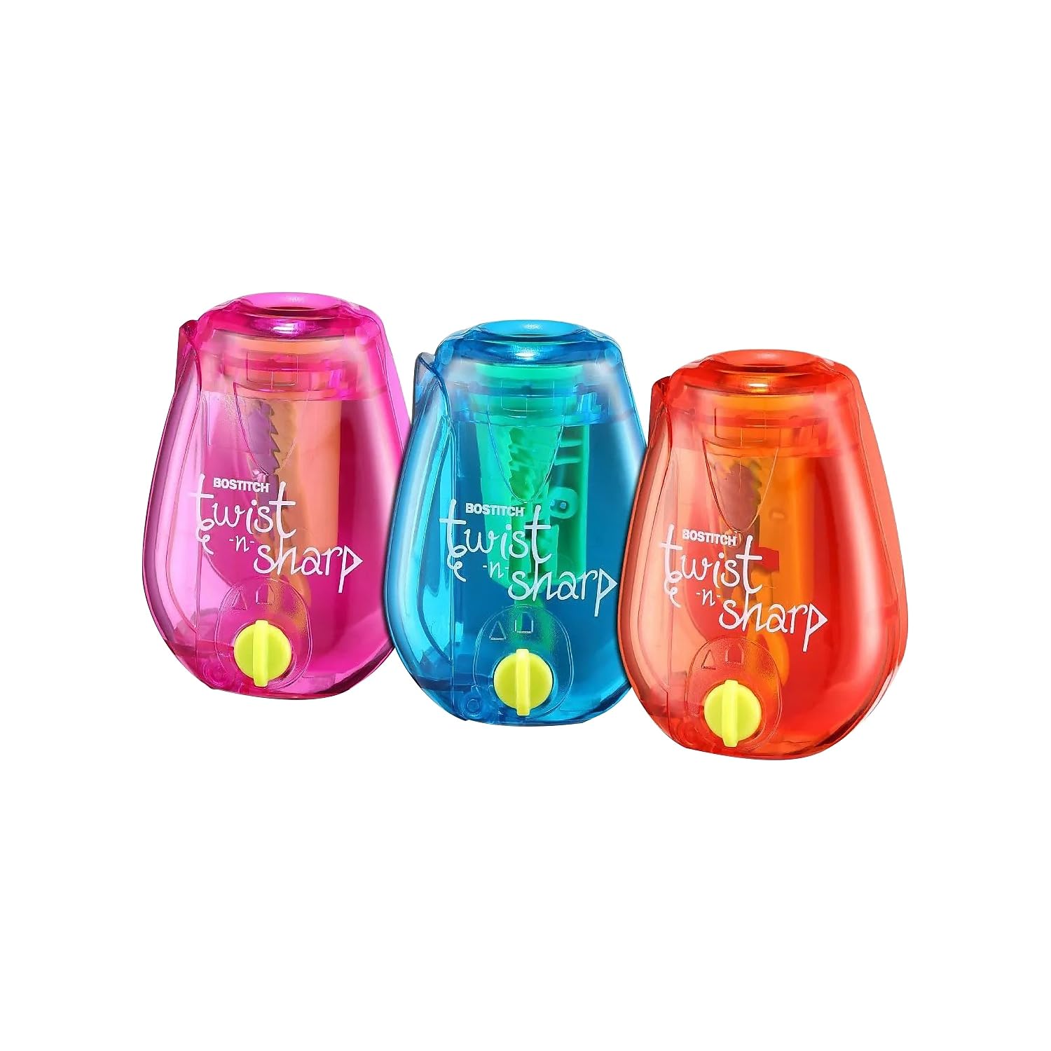 Bostitch Office Twist-N-Sharp Manual Pencil Sharpener, Easy Open Tray, Perfect for Kids, Works with Colored Pencils & Makeup Pencils, 3-Pack