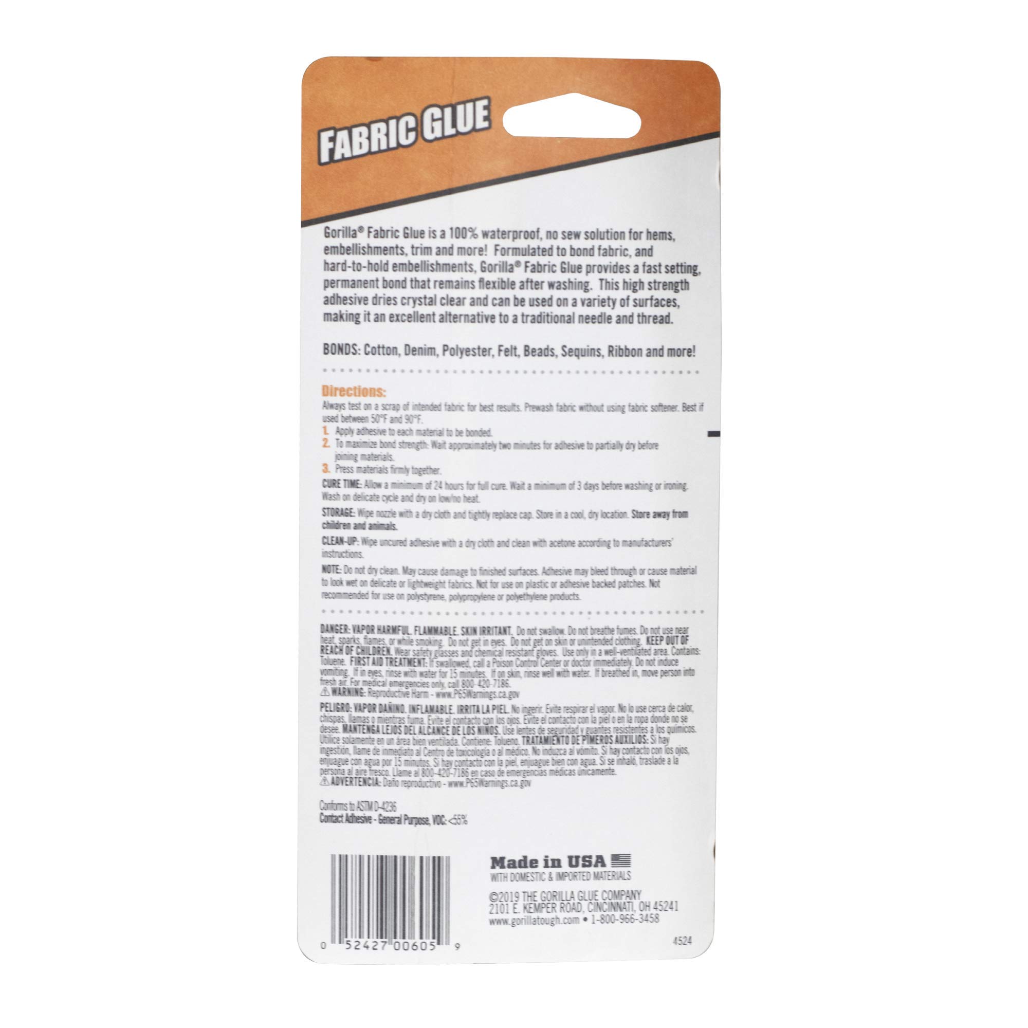 Gorilla Waterproof Fabric Glue 2.5 Ounce Tube, Clear, (Pack of 1)