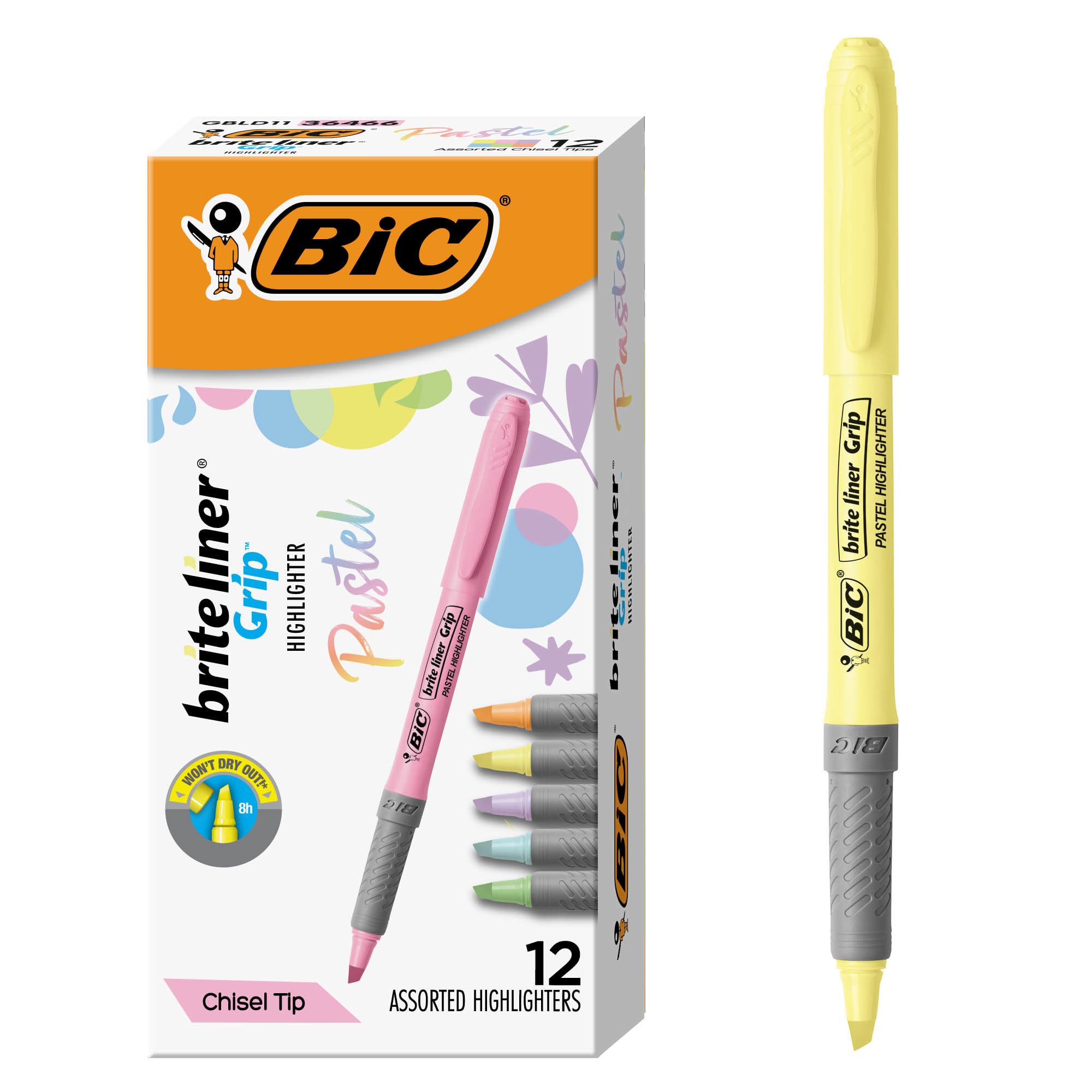 BIC Brite Liner Grip Pastel Highlighter Set, Chisel Tip, 12-Count Pack of Assorted Colors, Cute Highlighters for Bullet Journal Exercises, Note Taking and More