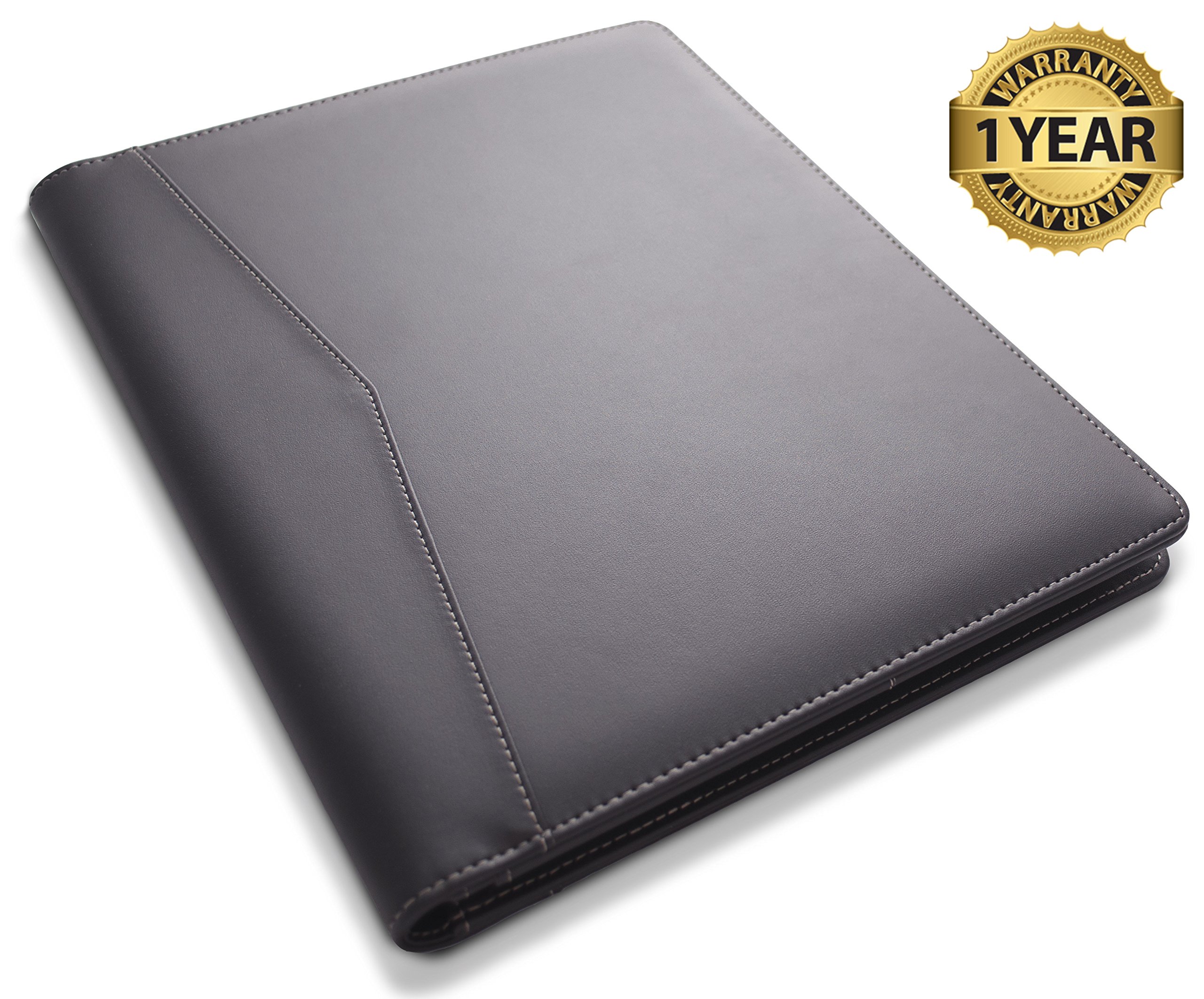 STYLIO Padfolio Portfolio Folder Binder – Interview Resume Legal Document Organizer & Business Card Holder – w/ Letter-Sized Writing Pad - Handsome Piano Noir Faux Leather Matte Finish & Accent Stitch