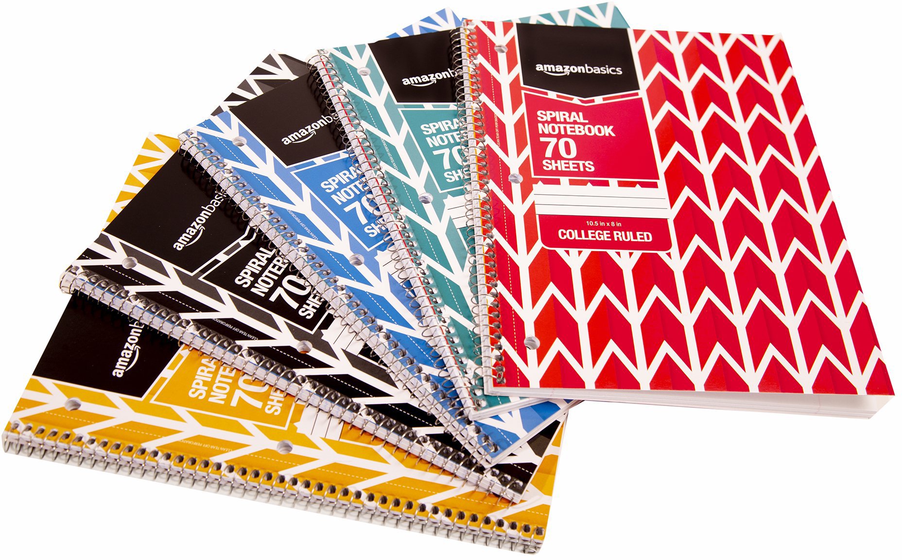 Amazon Basics College Ruled Wirebound Spiral Notebook, 70 Sheet - 5-Pack, Assorted Sunburst Pattern Colors