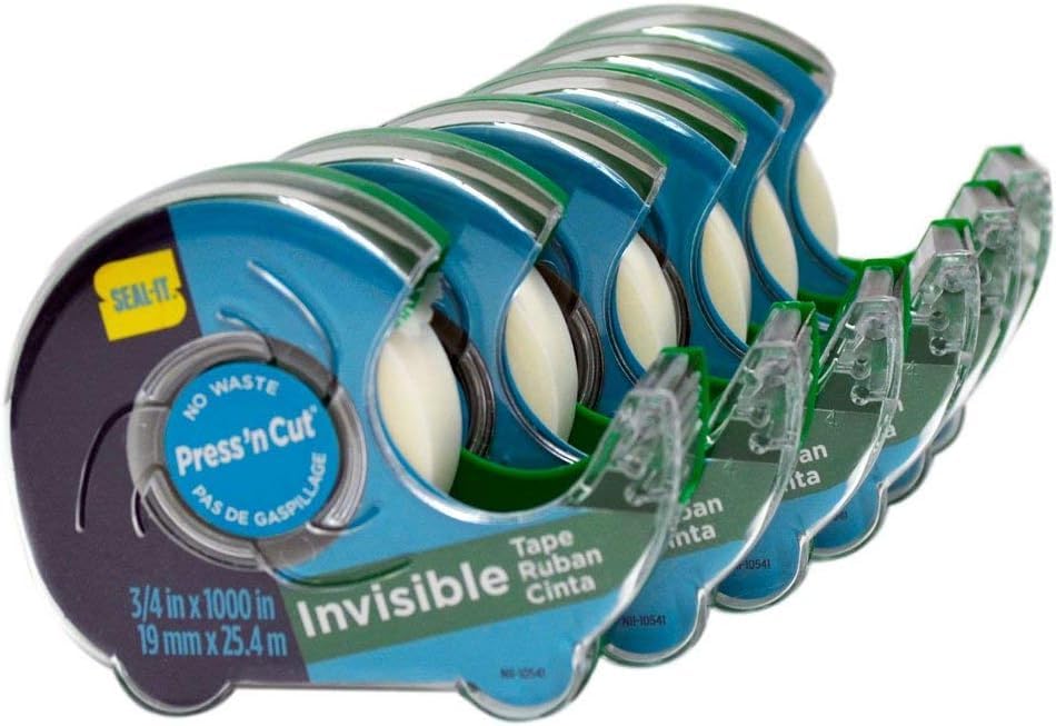 Seal-It Invisible Stationery Tape 3/4 x 1000 Inches On Press N' Cut Dispenser, Pack of 6 Total 6000 Inches, White (62452)