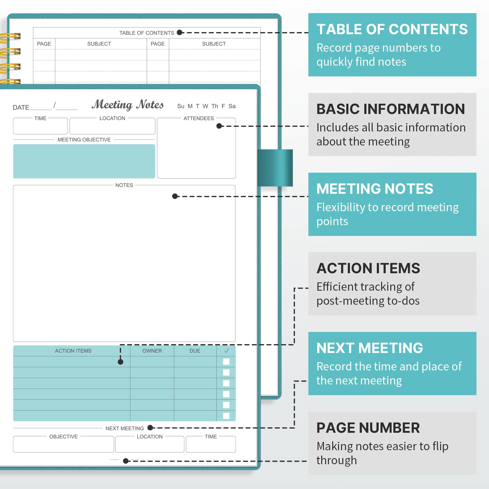 Regolden-Book Meeting Notebook for Work with Action Items, Project Planner Notebook for Note Taking, Office/ Business Meeting Notes Agenda Organizer for Men & Women, 160 Pages (7”x10”), Teal