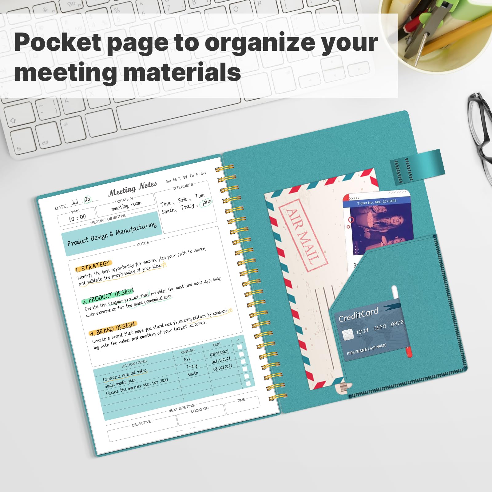 Regolden-Book Meeting Notebook for Work with Action Items, Project Planner Notebook for Note Taking, Office/ Business Meeting Notes Agenda Organizer for Men & Women, 160 Pages (7”x10”), Teal