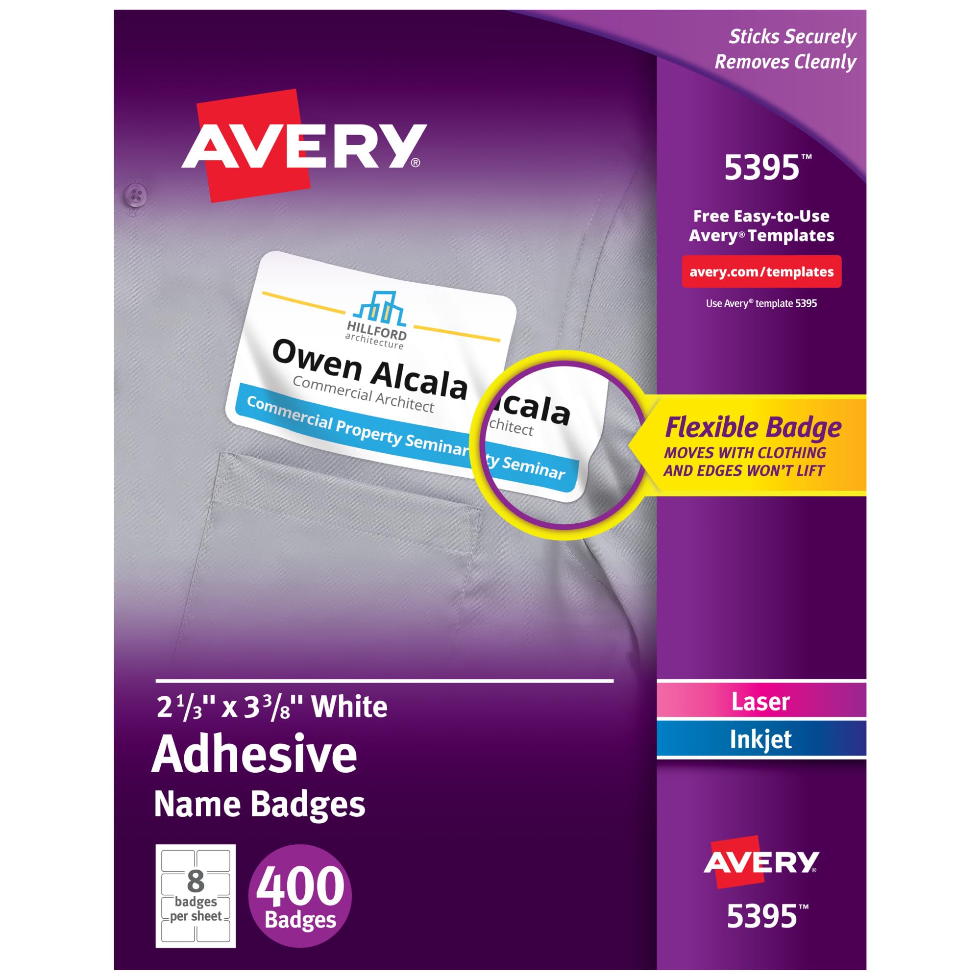 Avery Flexible Name Tag Stickers, White Rectangle Labels, 400 Removable Name Badges, 2-1/3" x 3-3/8" (5395)