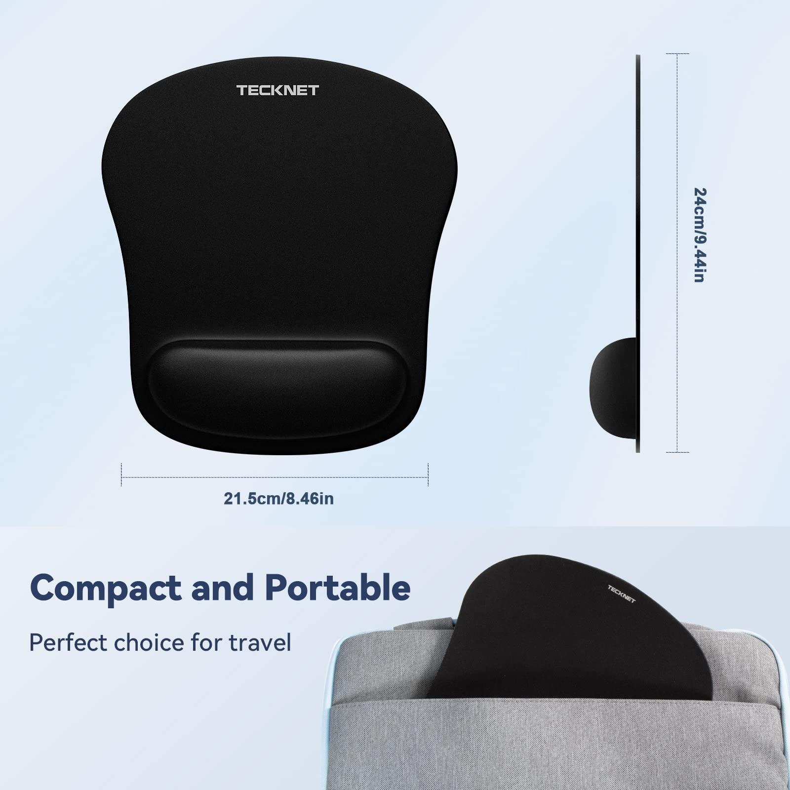 Mouse Pad with Wrist Support, TECKNET Ergonomic Gaming Mouse Pad Pain Relief, Portable Comfortable Mousepad for Computer, Laptop, Office, Home and Travel, Non-Slip Base, Waterproof Surface, Black