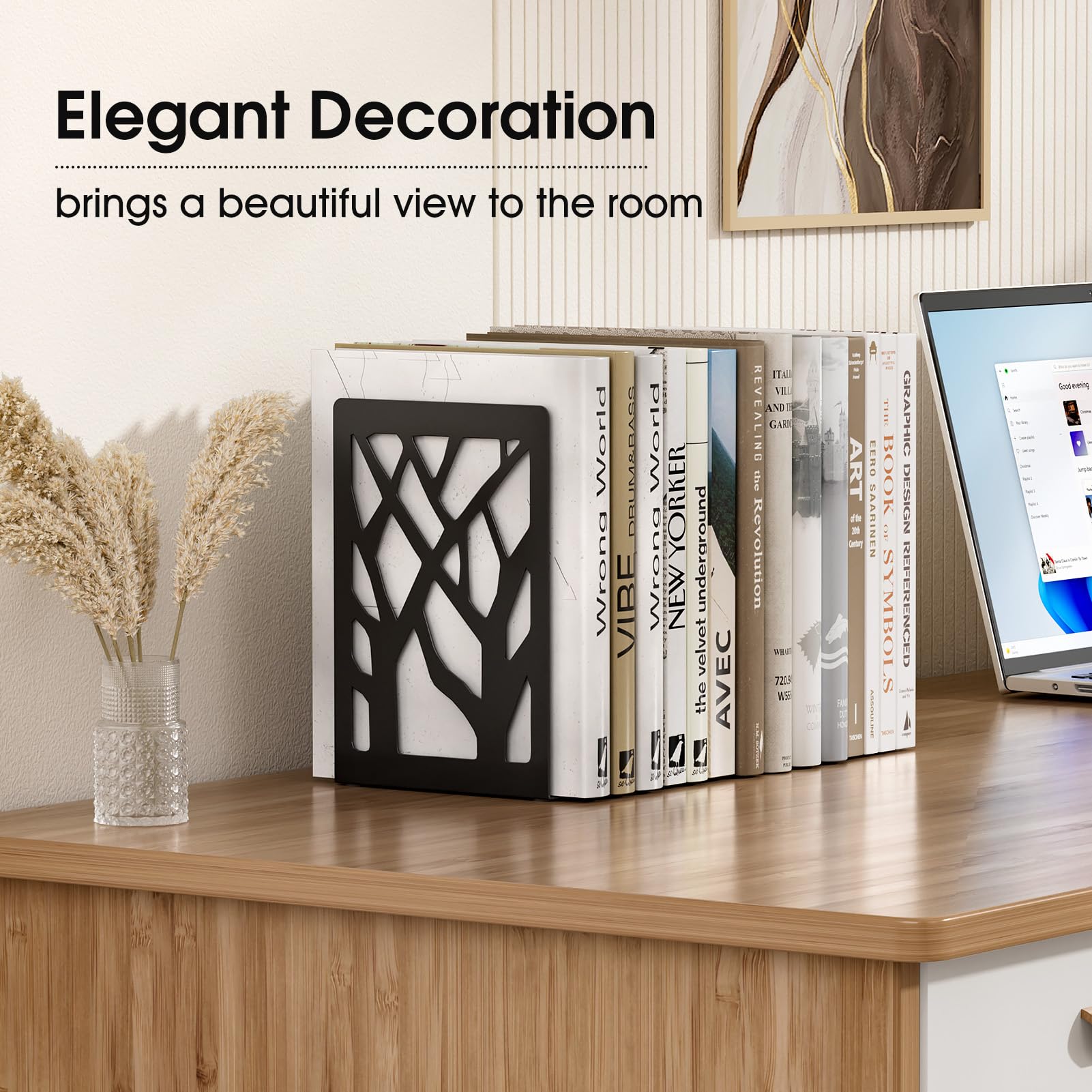 MaxGear Book Ends Tree Design Modern Bookends for Shelves, Non-Skid Bookend, Heavy Duty Metal Book Stopper for Books/CDs, Decorative Book Shelf for Home, 7 x 4.7 x 3.5”, Black (2 Pair/4 Pieces, Large)